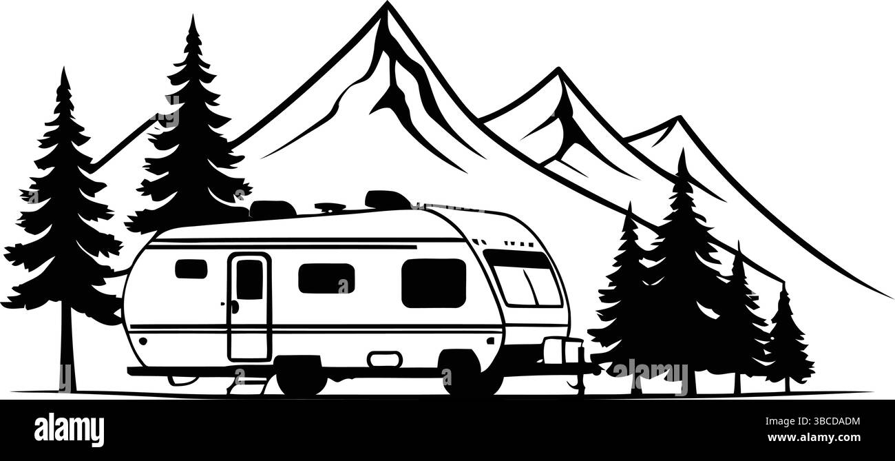 Vector Silhouette of Camper RV Surrounded by Tall Pine Trees and ...