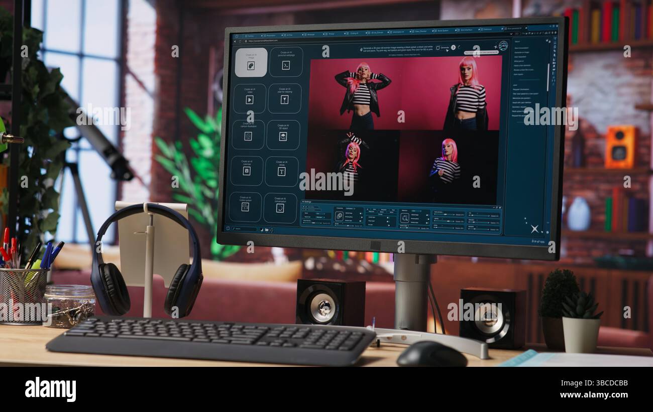 Computer in home office uses artificial intelligence generating images from basic text prompts ...