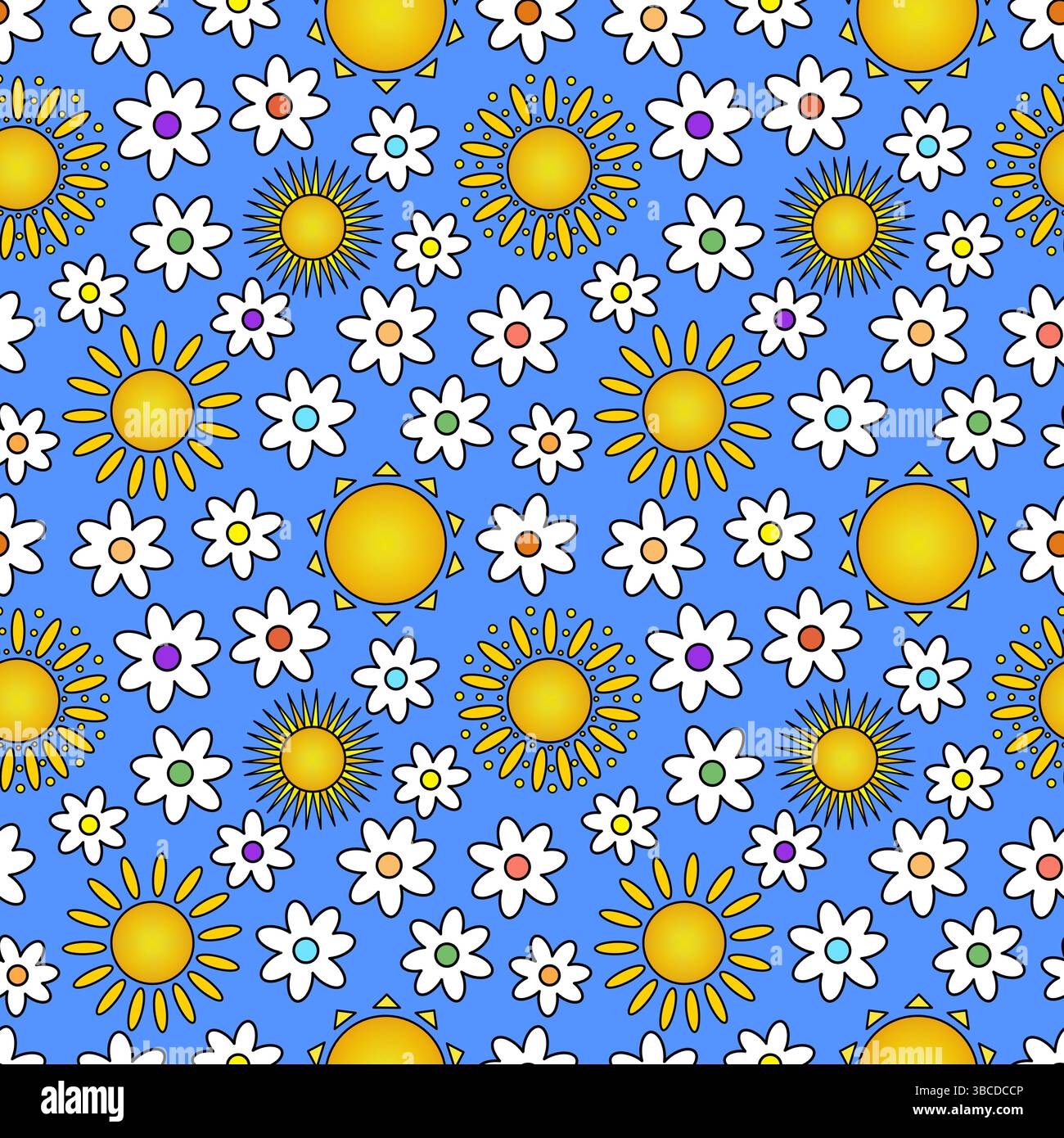 Summer seamless cartoon pattern with many flowers and suns with rays of ...