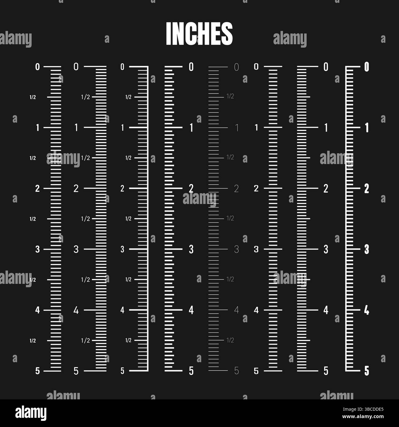 Vertical inch scale for measuring length or height. Various measurement ...