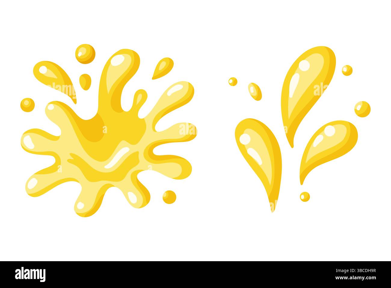 Yellow splash and juice drops set in cartoon style. Vector isolated ...