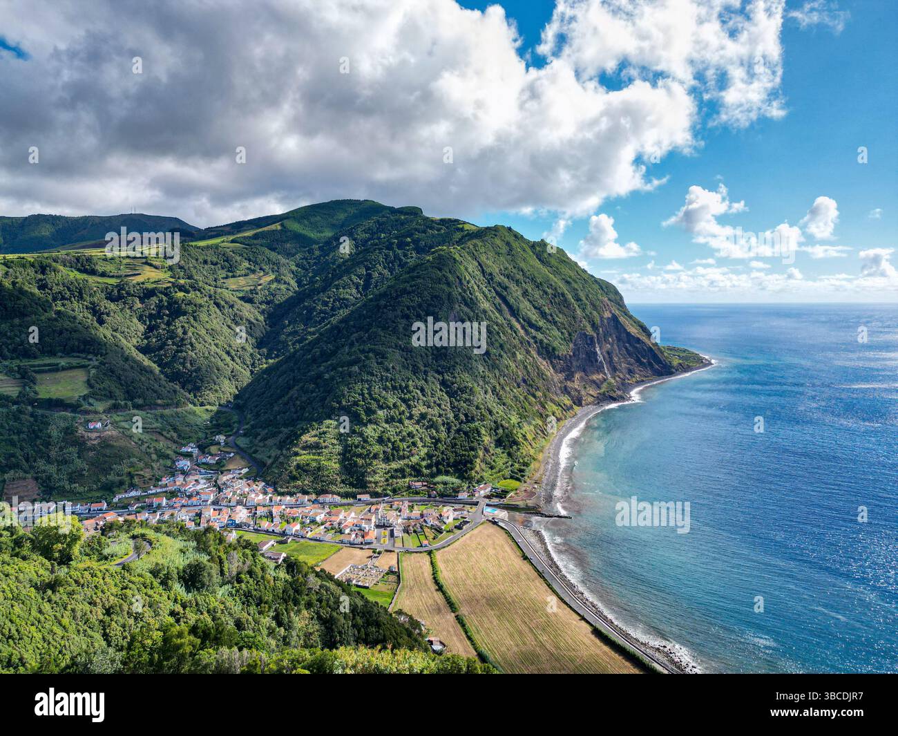 Aerial view of the picturesque town Faial da Terra. Valley, green ...