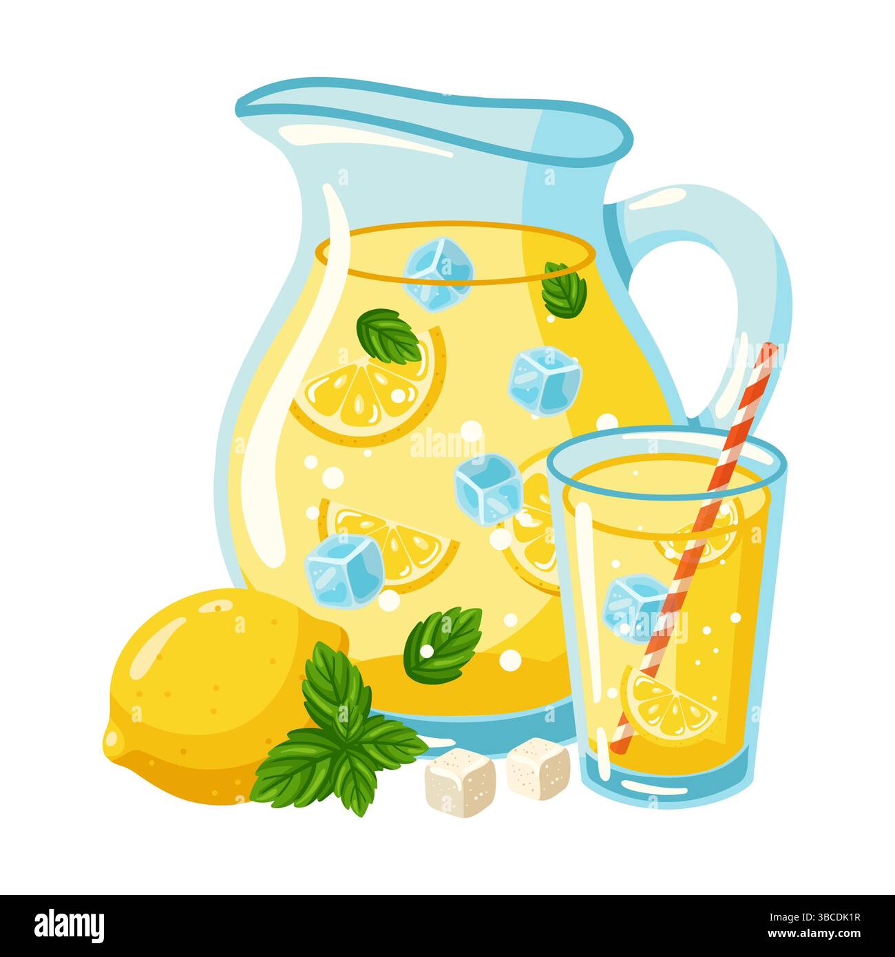Lemonade jug and glass with full lemon, slices, mint leaves and ice ...