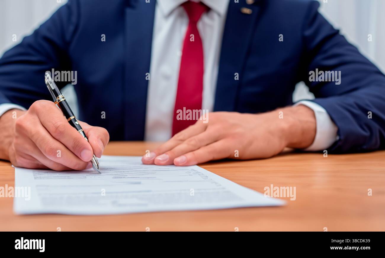 Executive businessman in suit and thank you signing document on clean ...