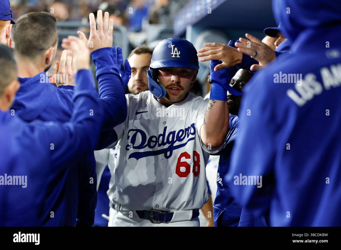 Dalton Rushing #68 of the Los Angeles Dodgers is congratulated by ...