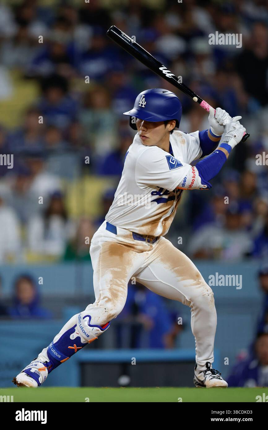 Hyeseong Kim #6 of the Los Angeles Dodgers at bat during a game against ...