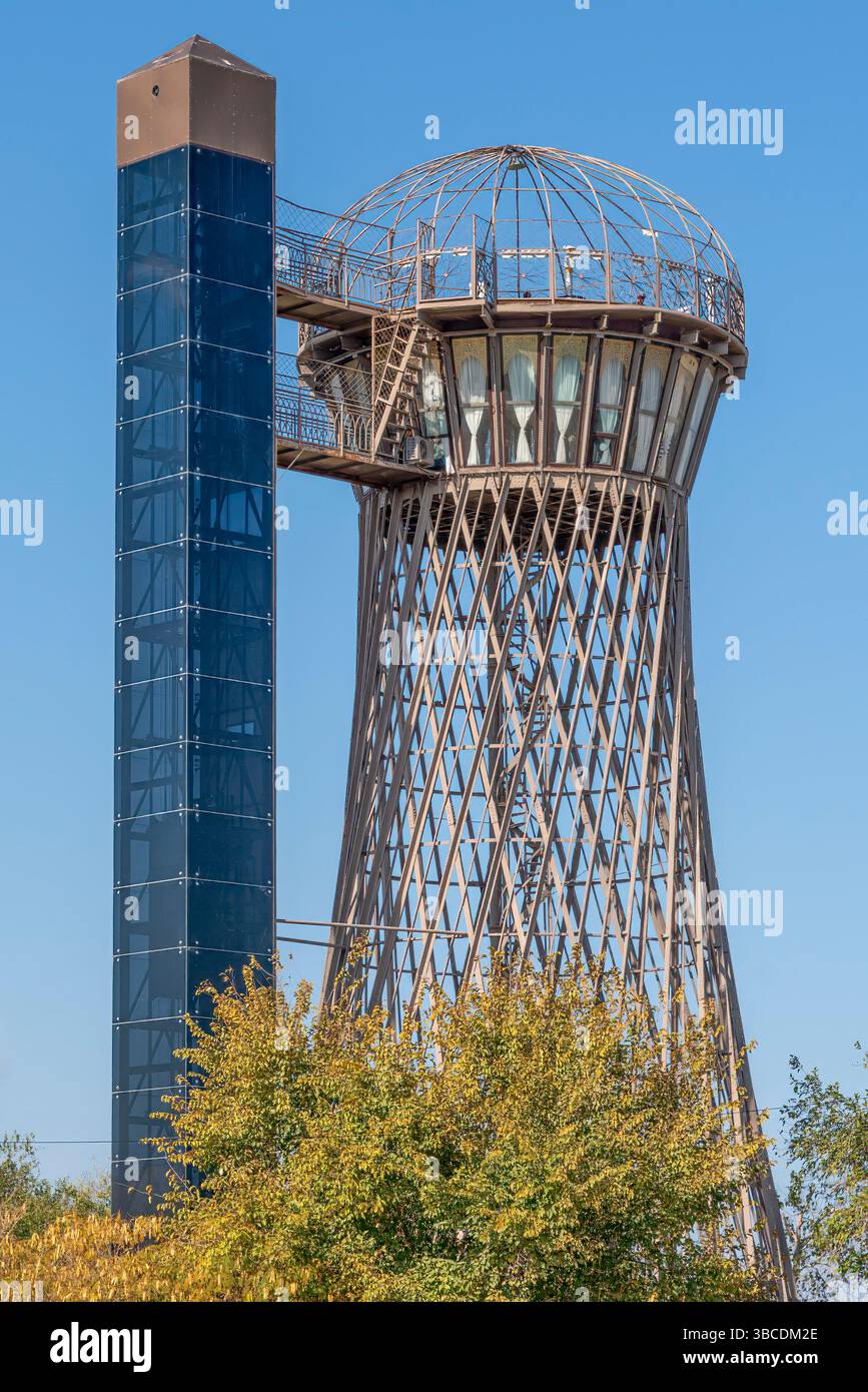 A metal lattice structure rises as Shukhov Tower in Bukhara, Uzbekistan, a unique engineering ...