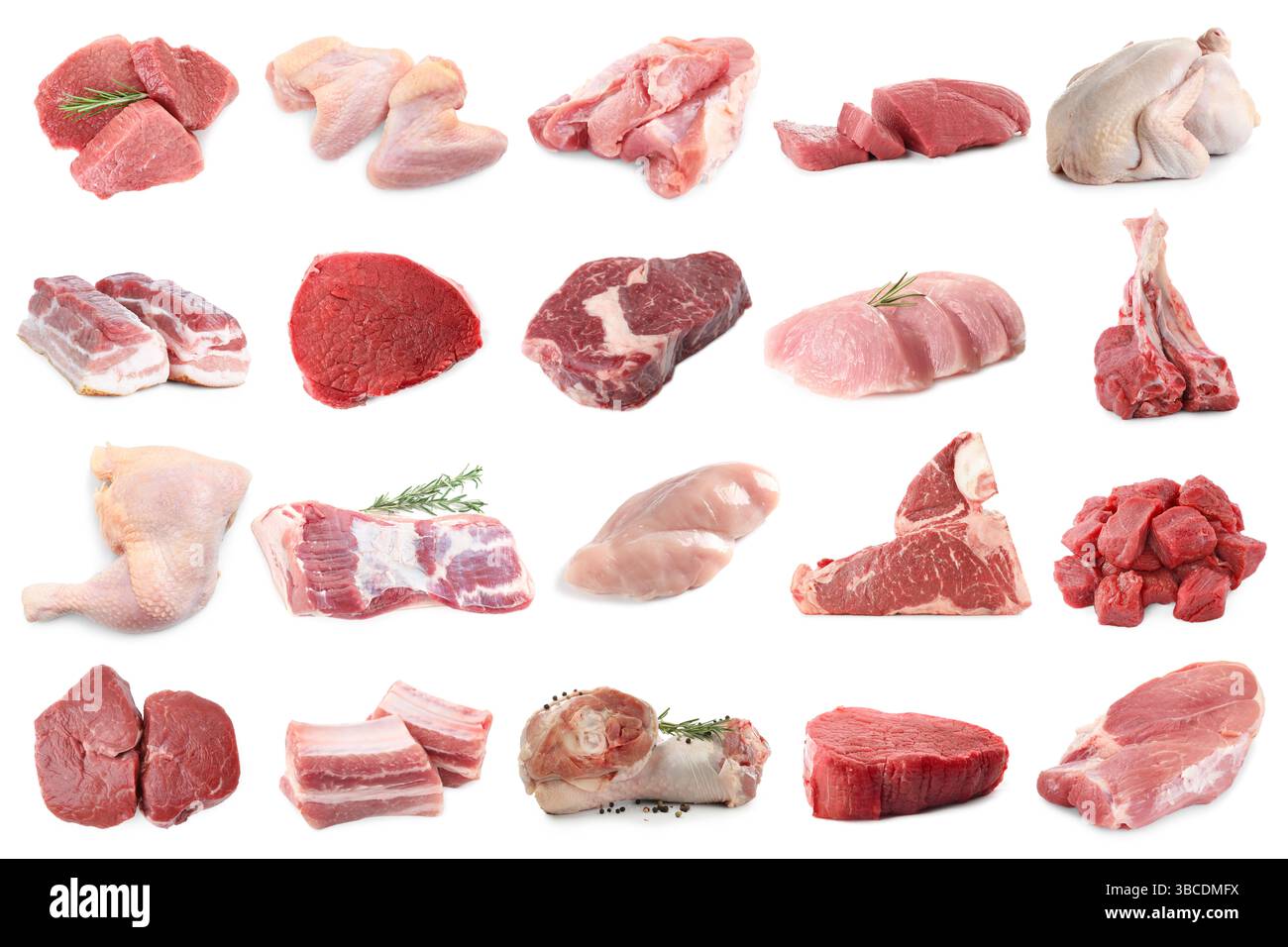 Different types of fresh raw meat isolated on white, collage. Beef ...