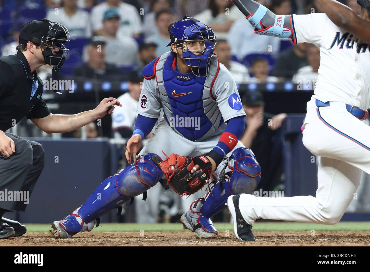MIAMI, FL - MAY 19: Chicago Cubs catcher Miguel Amaya (9) makes a throw ...