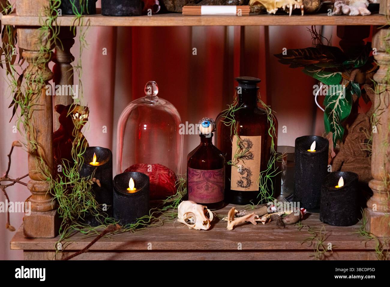 Creepy themed shelf with potion bottles, candles, fake skulls, and ...