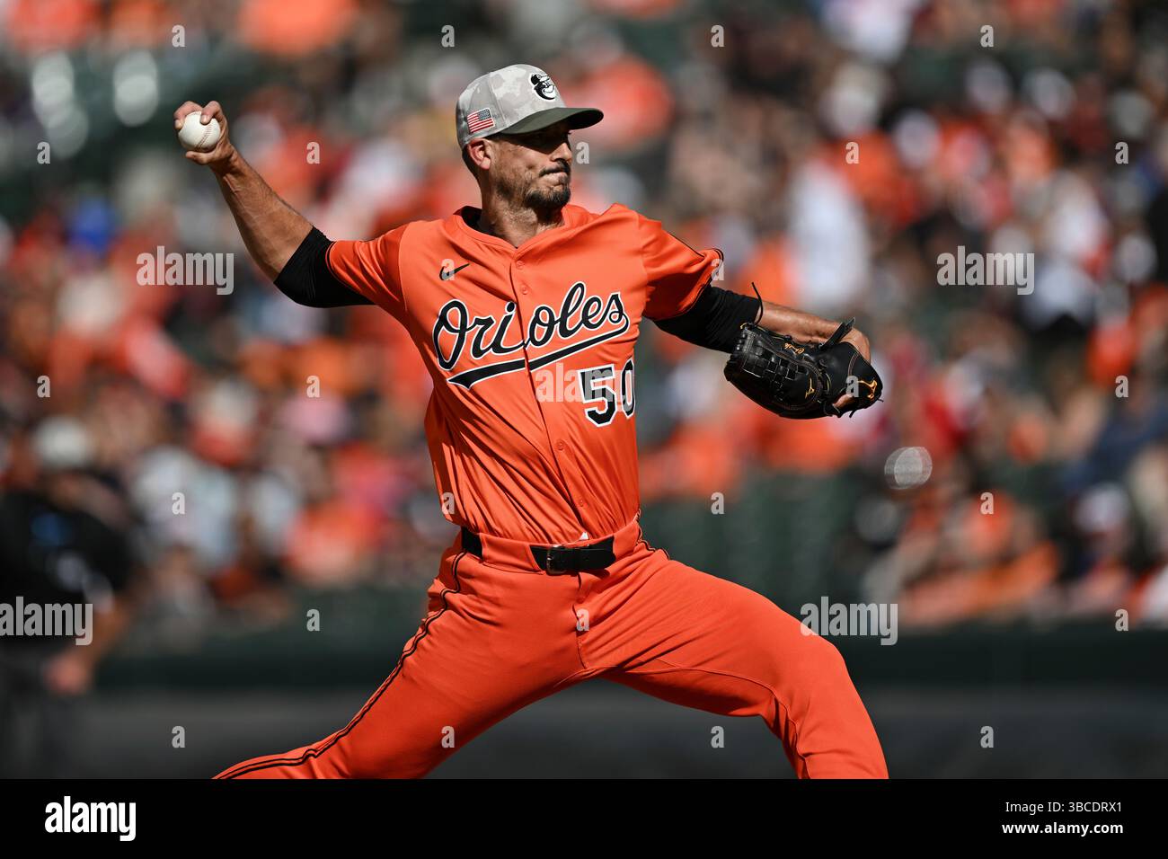 Baltimore Orioles pitcher Charlie Morton (50) throws during the second ...