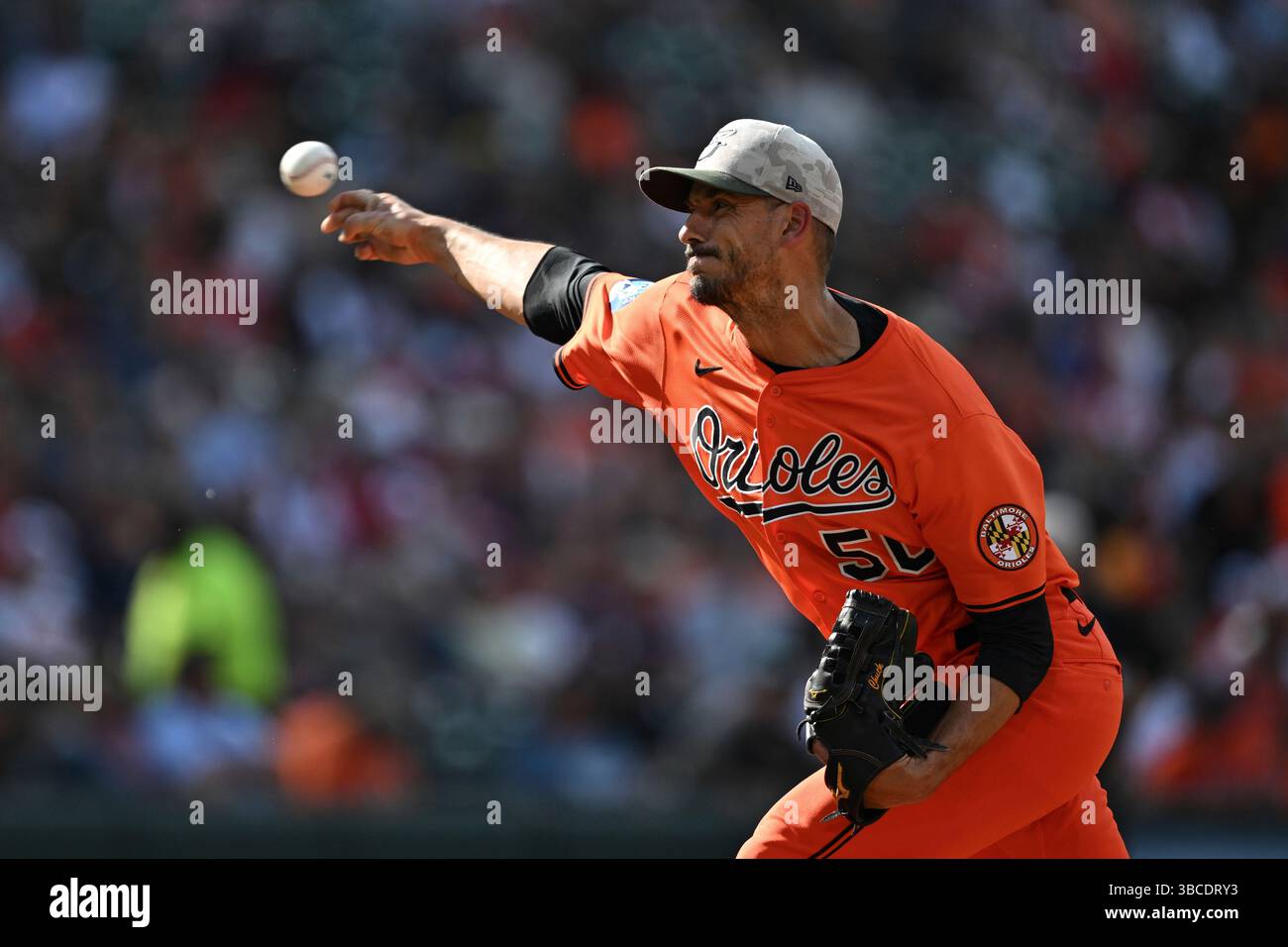 Baltimore Orioles pitcher Charlie Morton (50) throws during the third ...