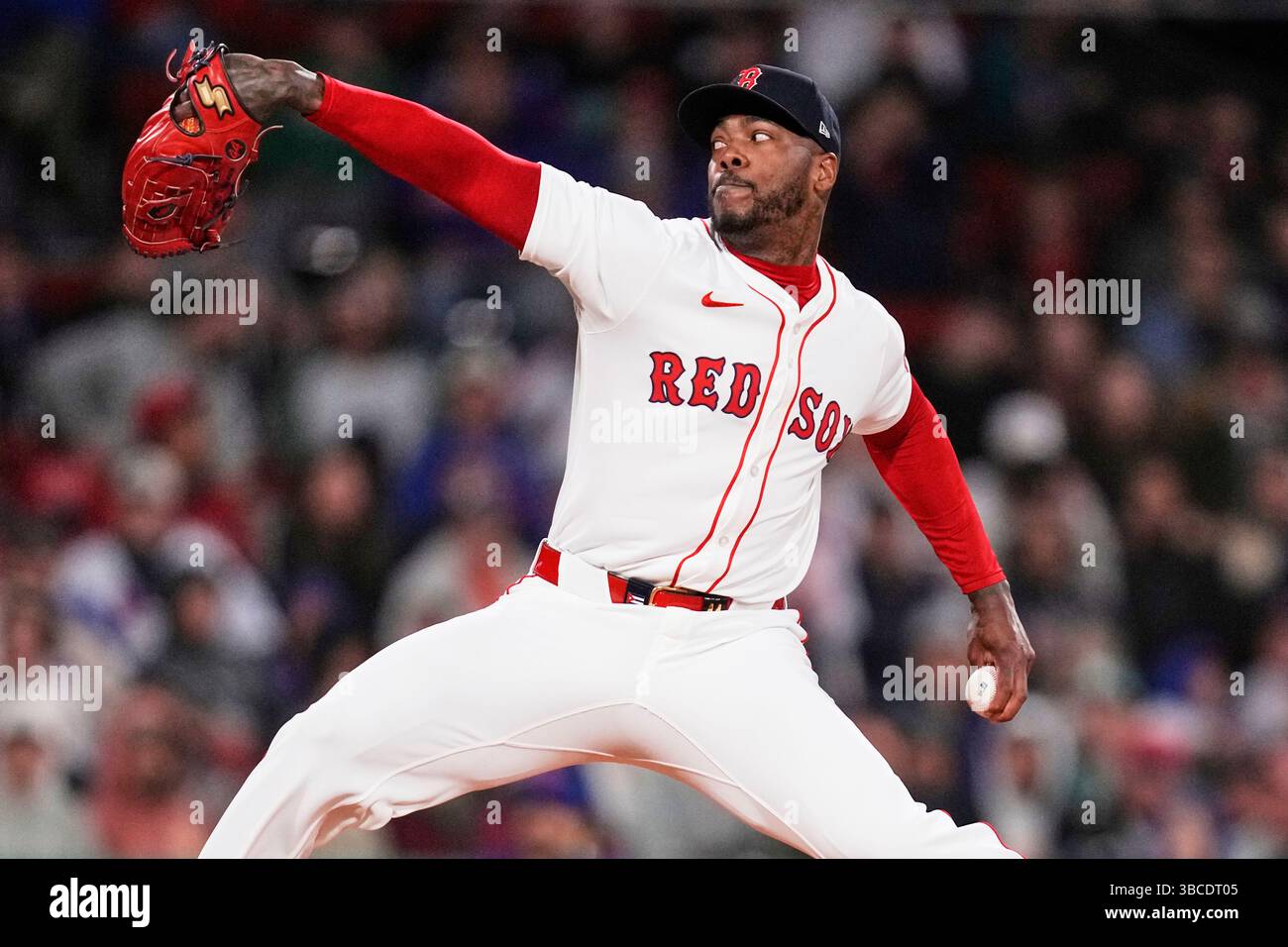 Boston Red Sox pitcher Aroldis Chapman delivers during the ninth inning ...