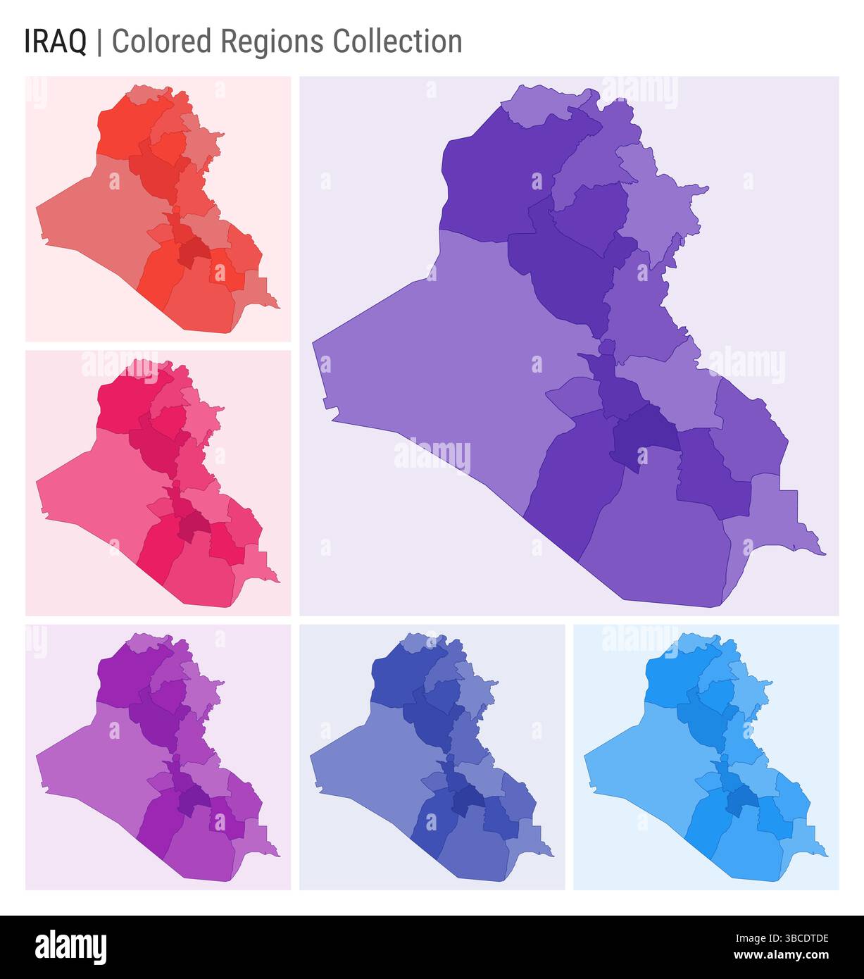 Republic of Iraq map collection. Country shape with colored regions ...