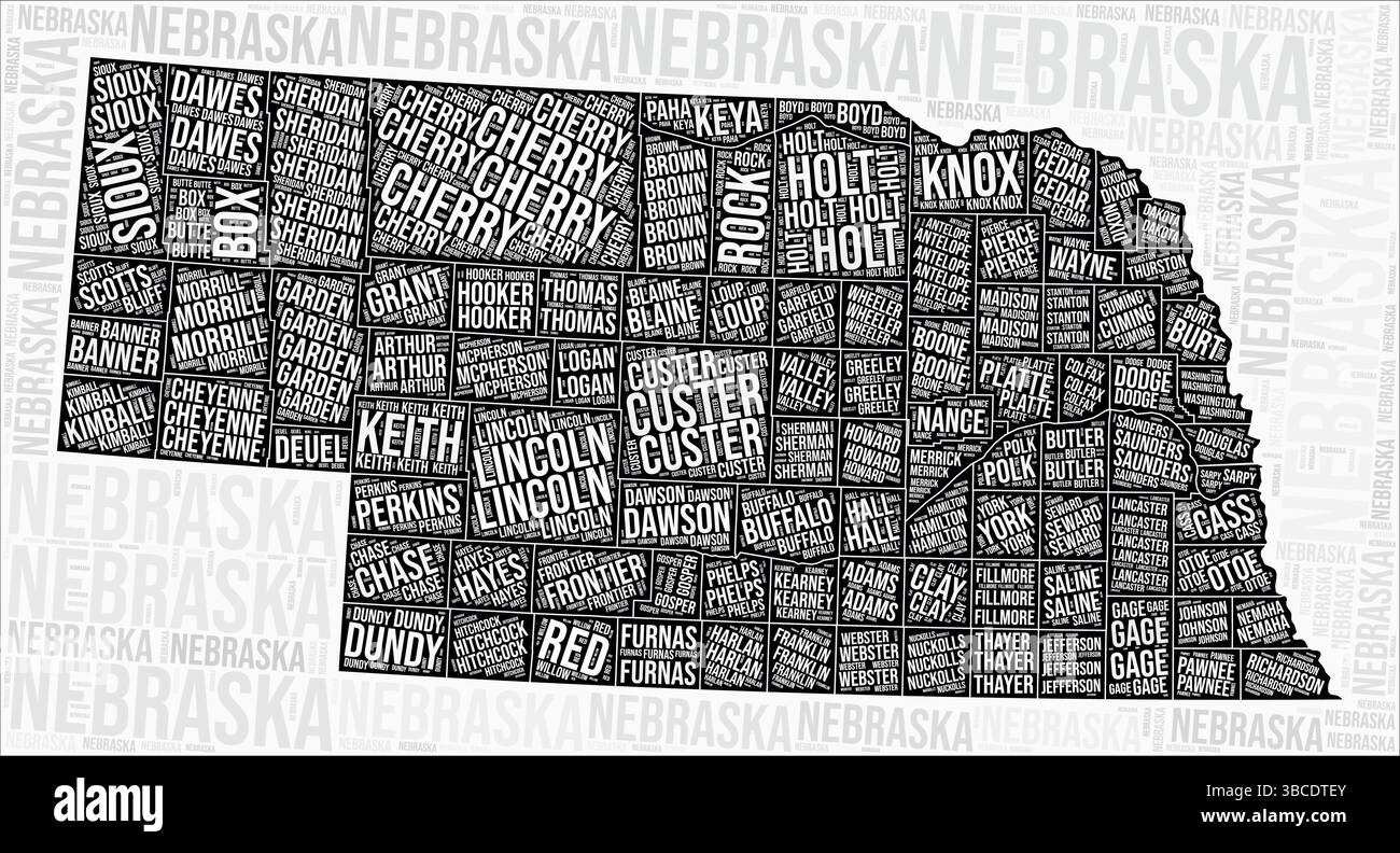 Nebraska counties map word cloud. Nebraska region names. Black and ...