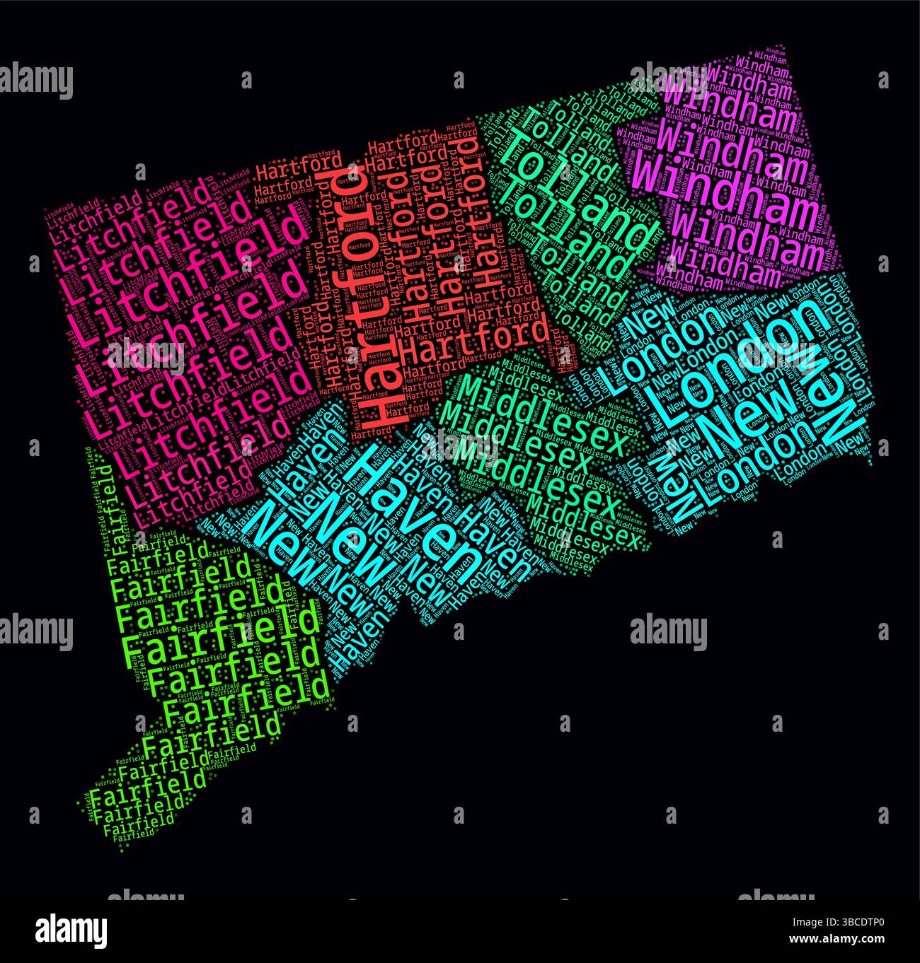 Connecticut Regions Word Clouds. Bright typographic style design on ...