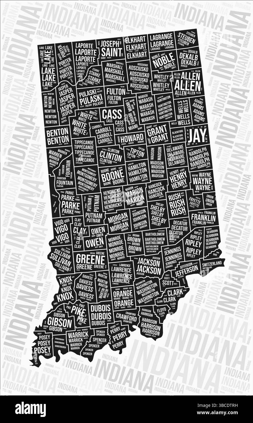 Indiana counties map word cloud. Indiana region names. Black and white ...