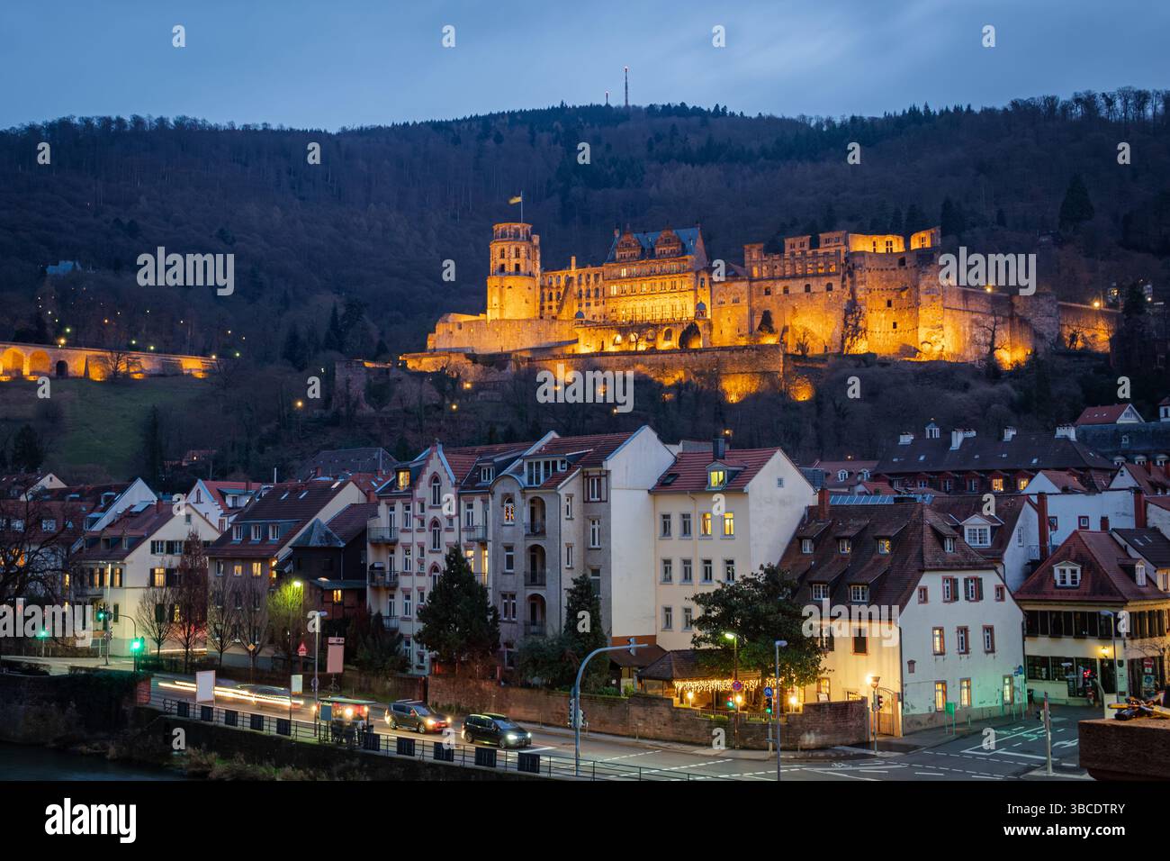 Illuminated Schloss Heidelberg Castle surrounded by traditional German ...