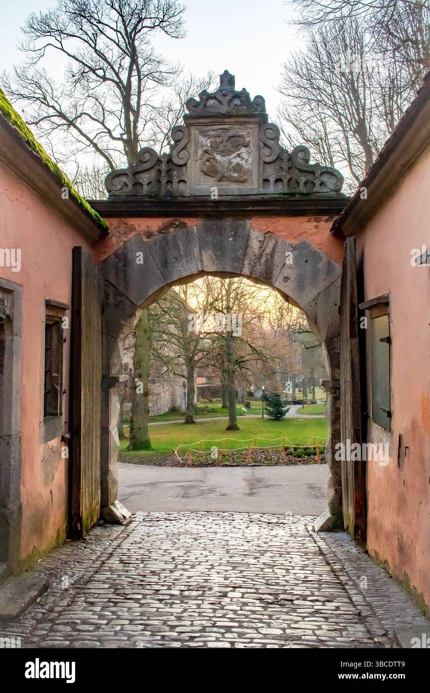 Colorful traditional German architecture gate at Rothenburg Bavaria ...