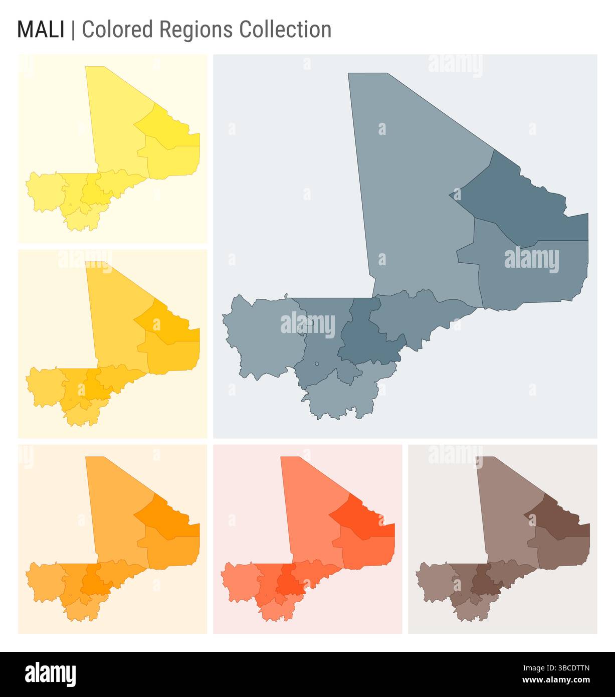 Mali map collection. Country shape with colored regions. Blue Grey ...