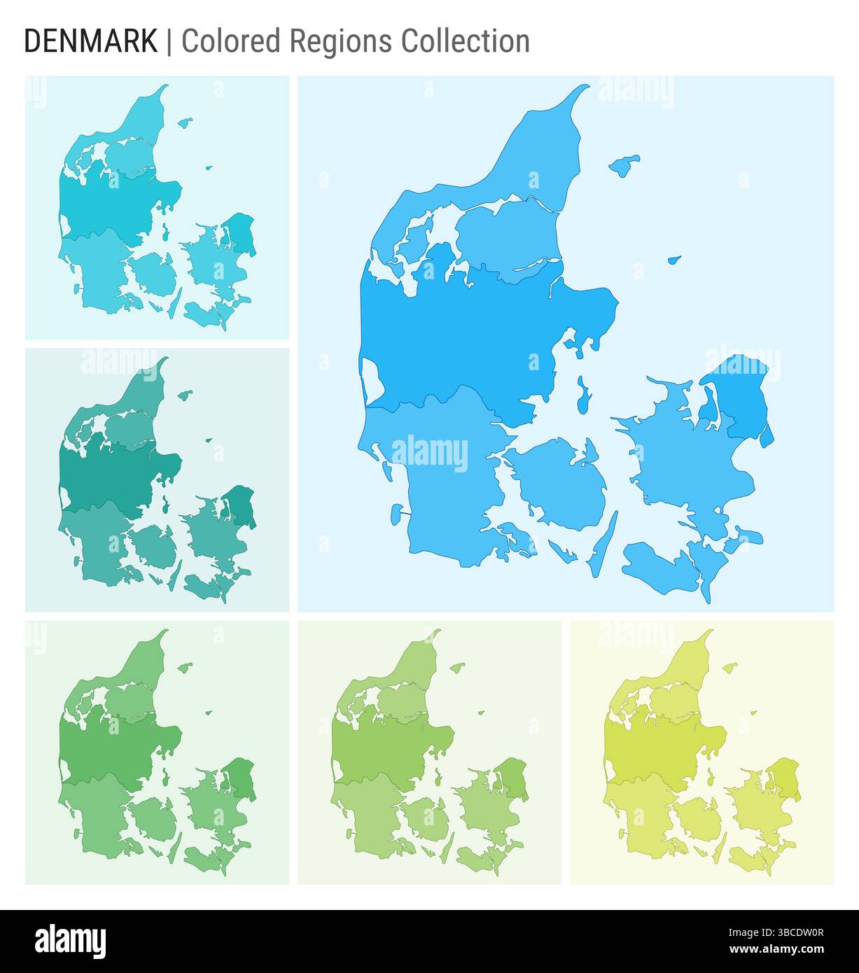 Denmark map collection. Country shape with colored regions. Light Blue ...