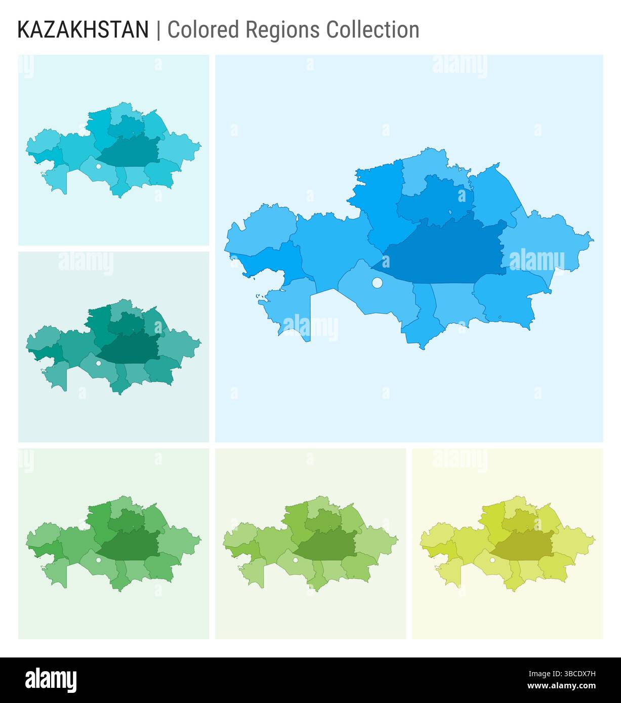 Kazakhstan map collection. Country shape with colored regions. Light ...