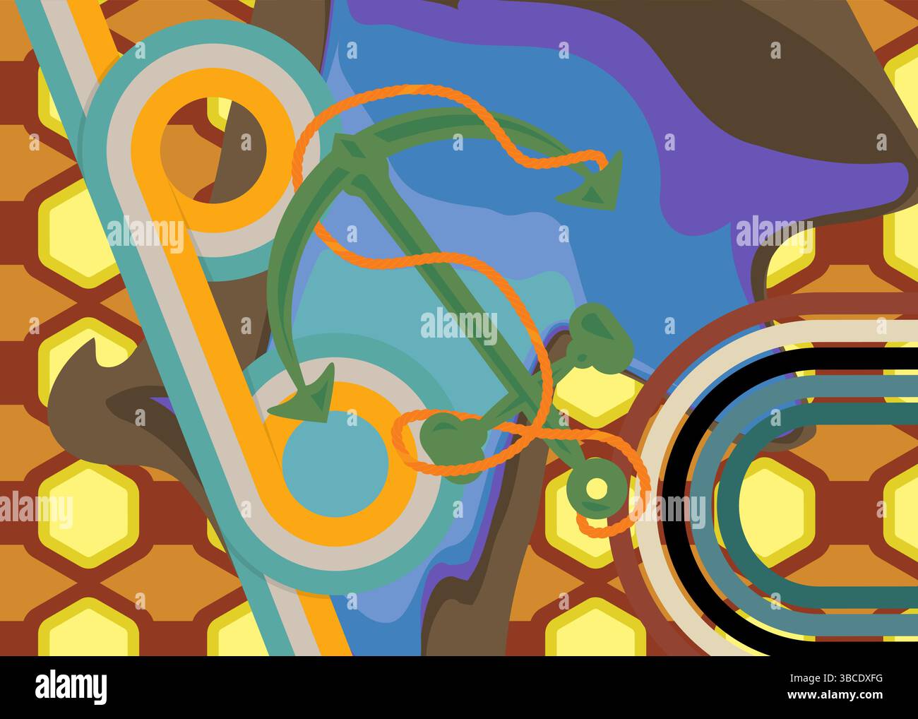 Retro 70s Background with Anchor. Groovy Steel 1970s art template ...