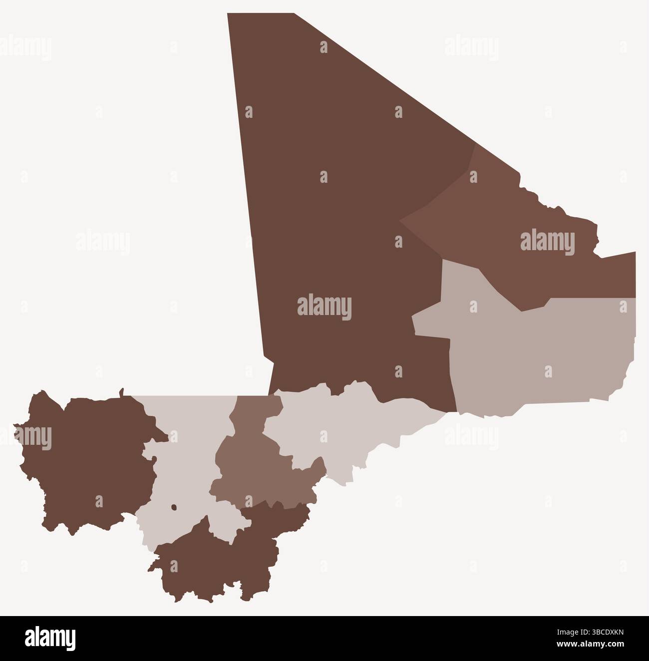 Map of Mali with regions. Just a simple country border map with region division. Brown color ...