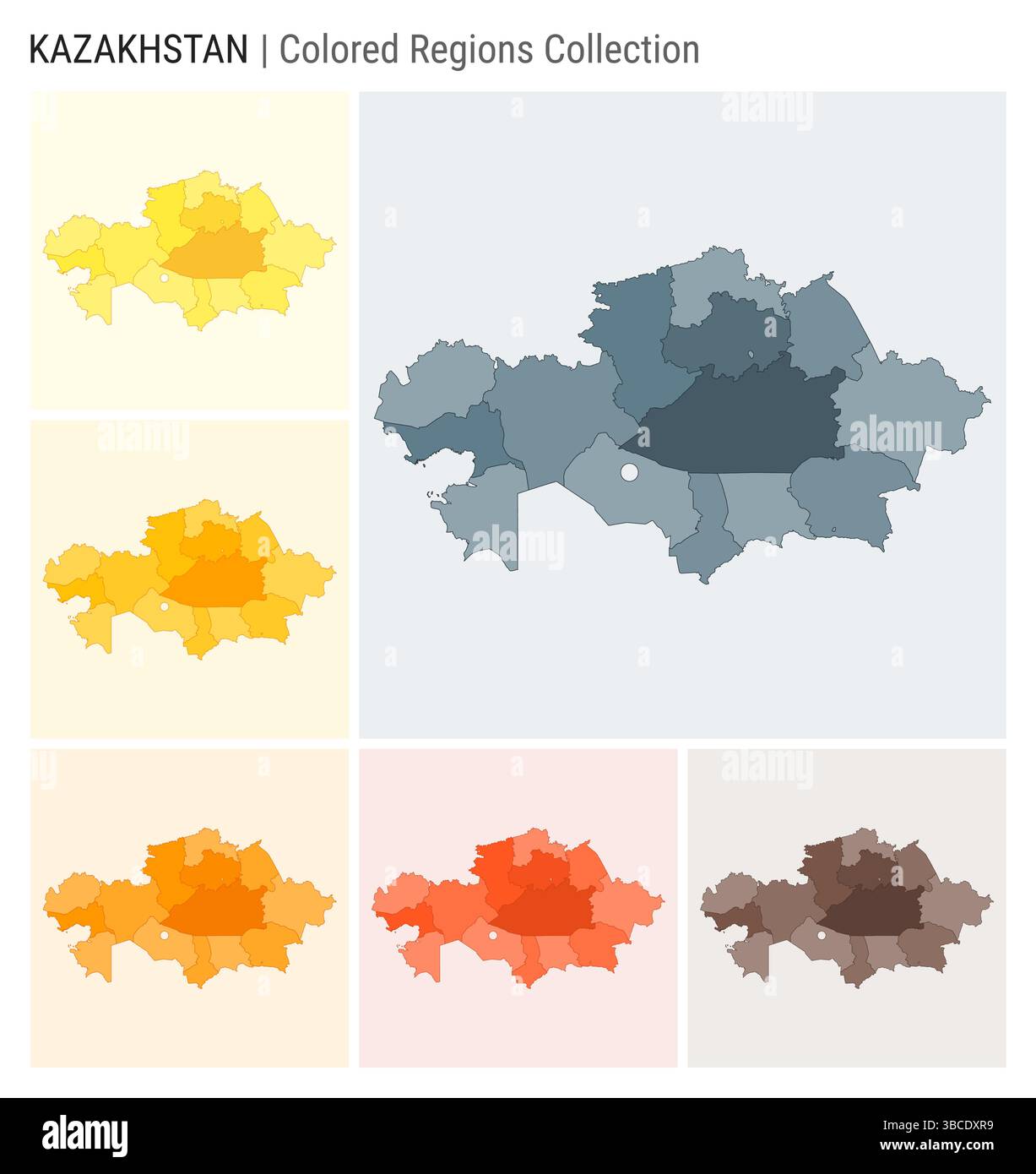 Kazakhstan map collection. Country shape with colored regions. Blue ...