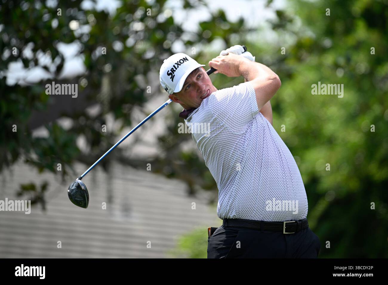 Sepp Straka, of Austria, tees off on the first hole during the final ...