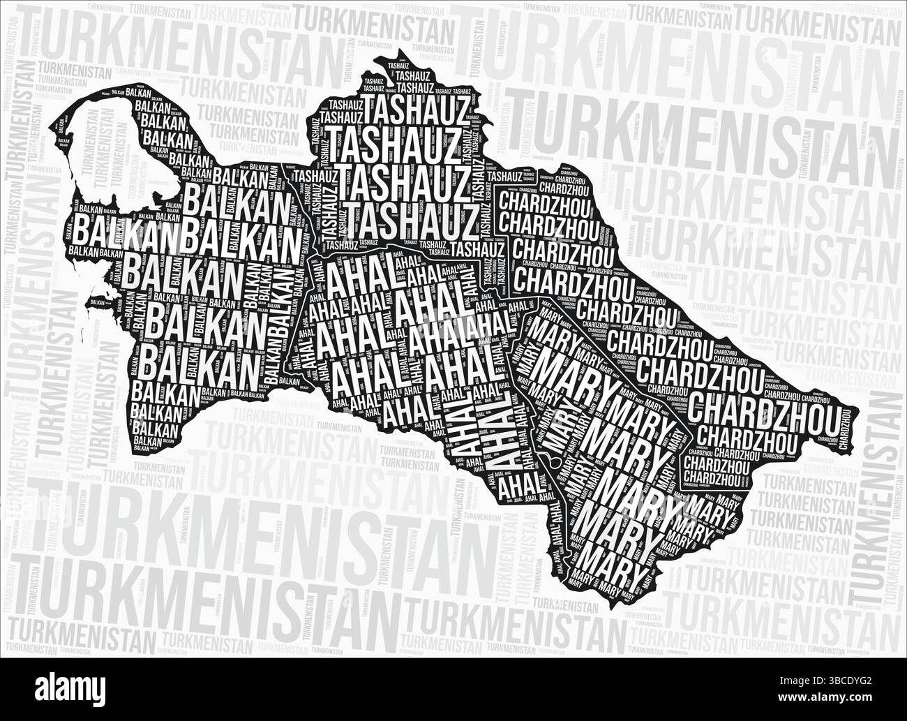 Turkmenistan regions map word cloud. Turkmenistan region names. Black ...