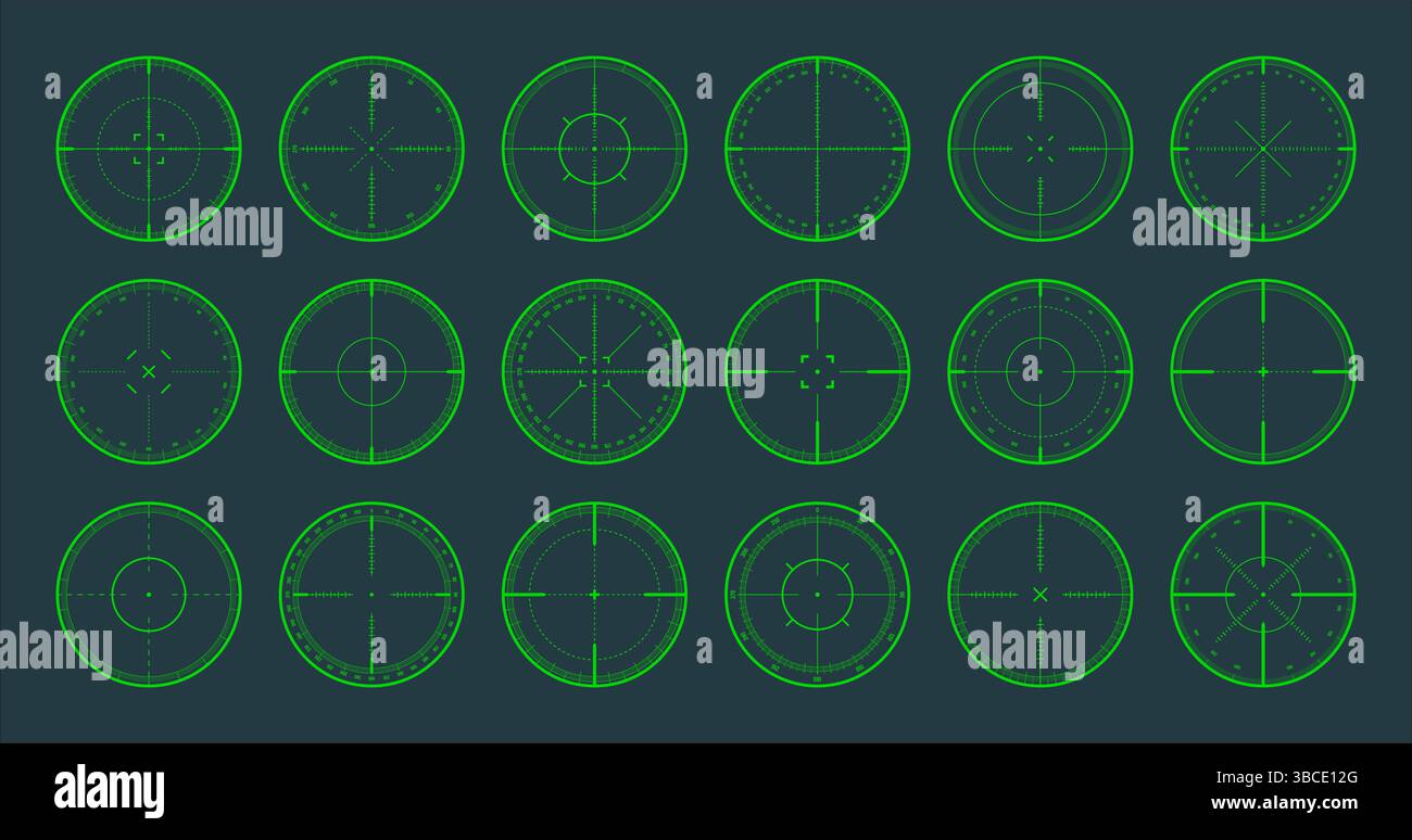 Various sniper rifle sights with degree scale, weapon optical scope ...