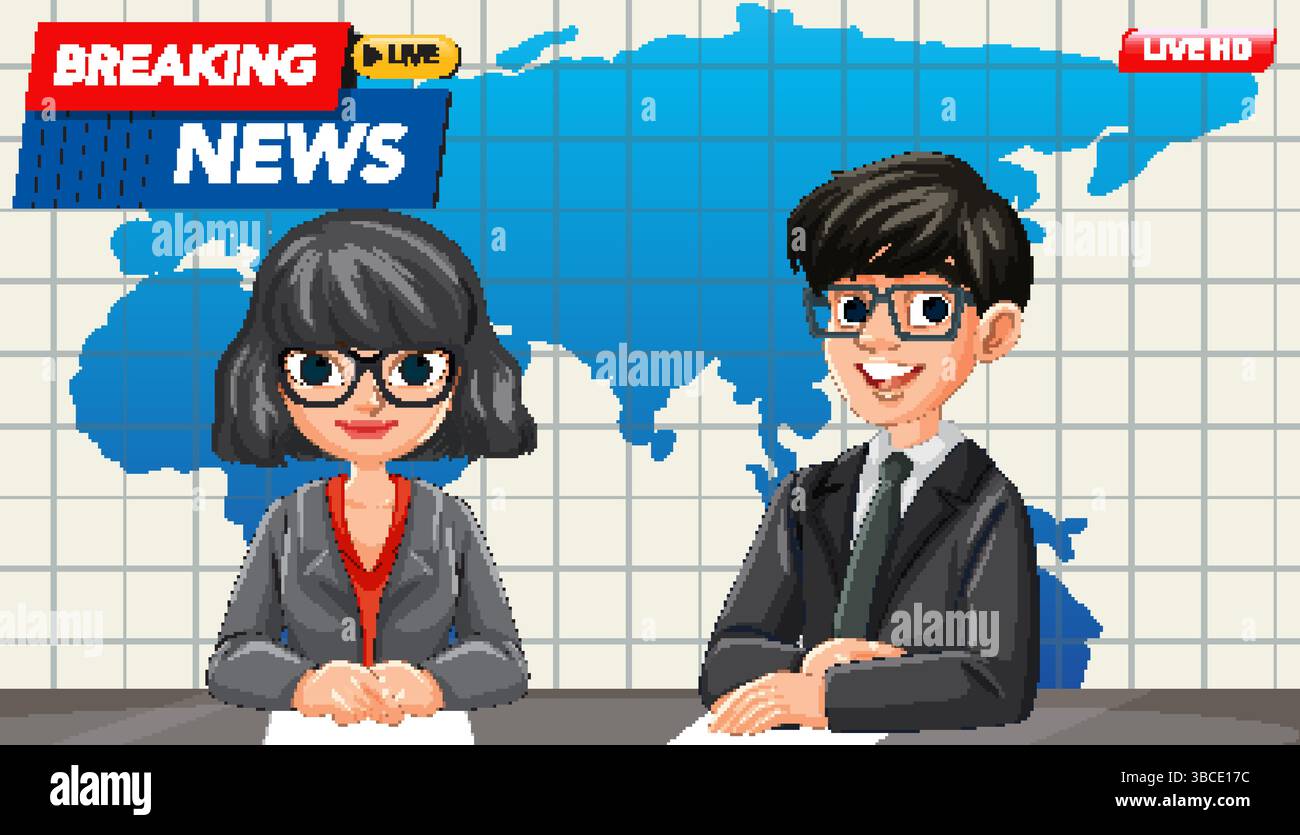 Vector illustration of animated news anchors with a world map ...