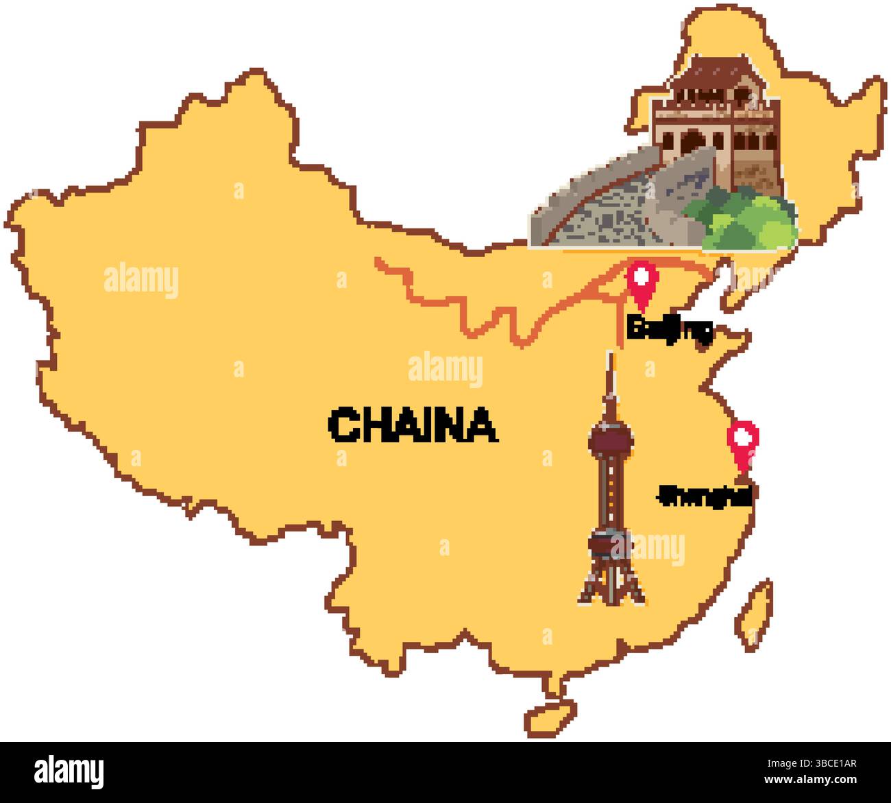 Vector map of China highlighting Beijing and Shanghai with iconic ...