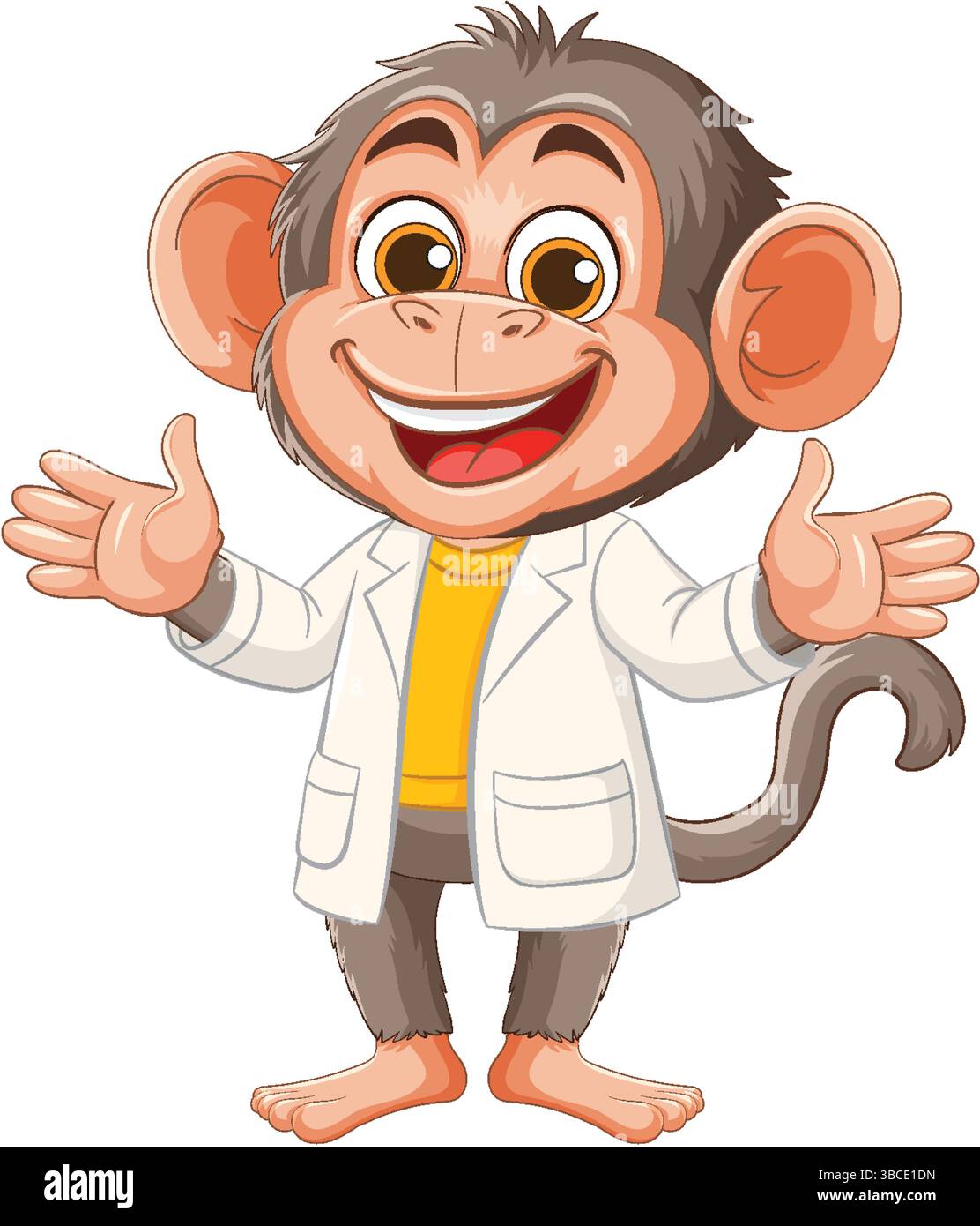 Vector illustration of a smiling monkey wearing a lab coat. Bright ...