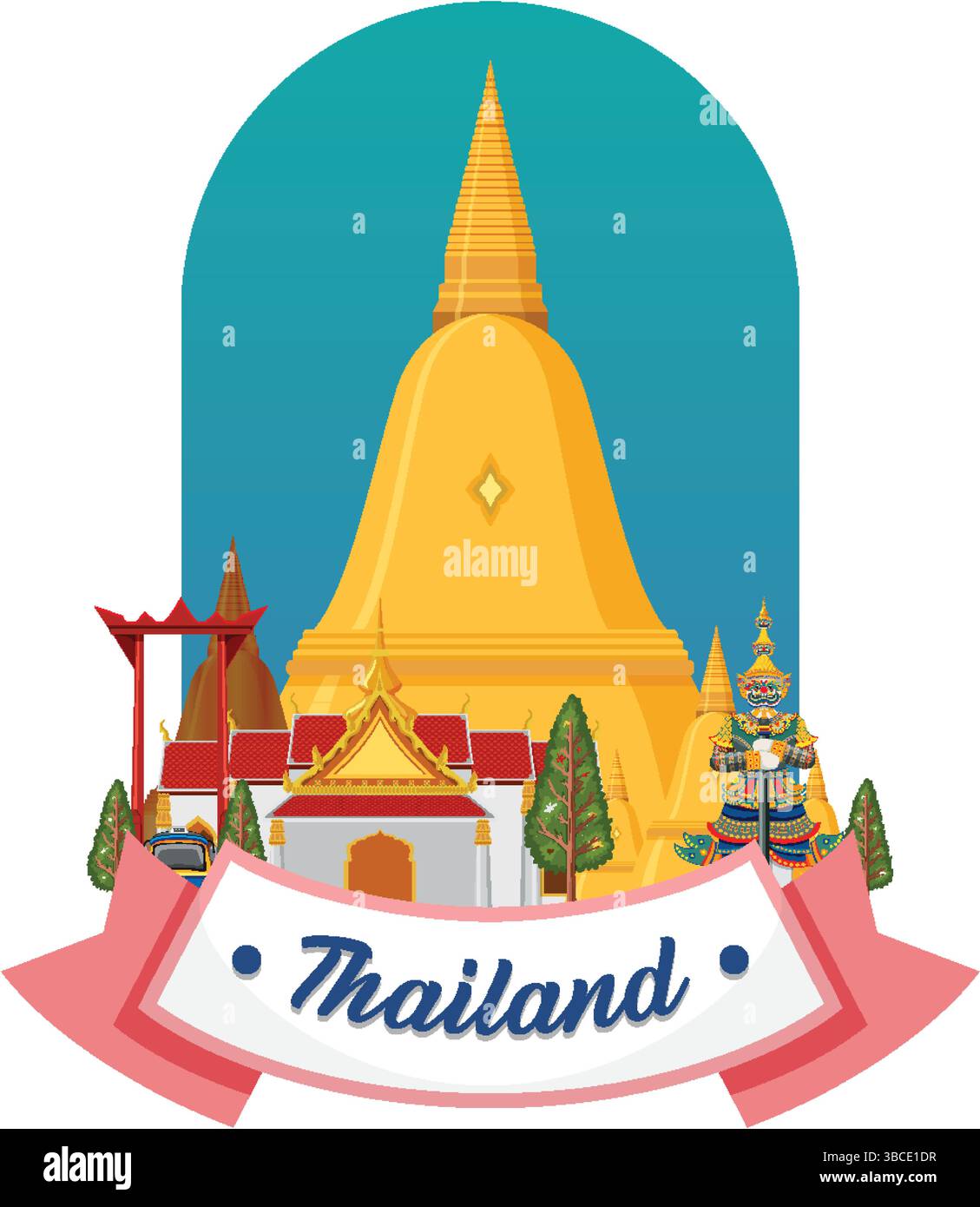 Vibrant vector illustration of Thai architecture with a golden stupa ...