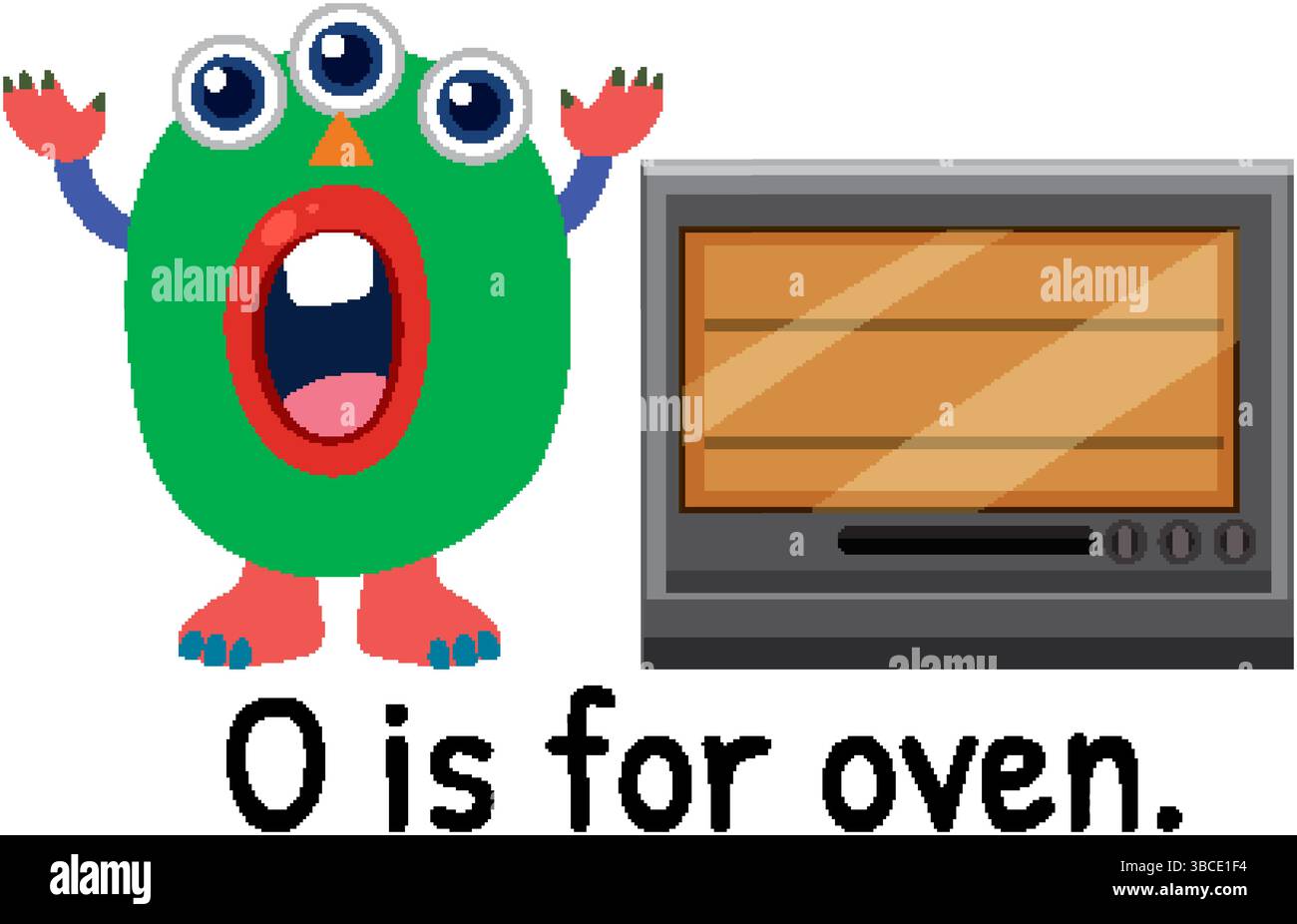 Colorful vector illustration of a three-eyed monster and an oven ...