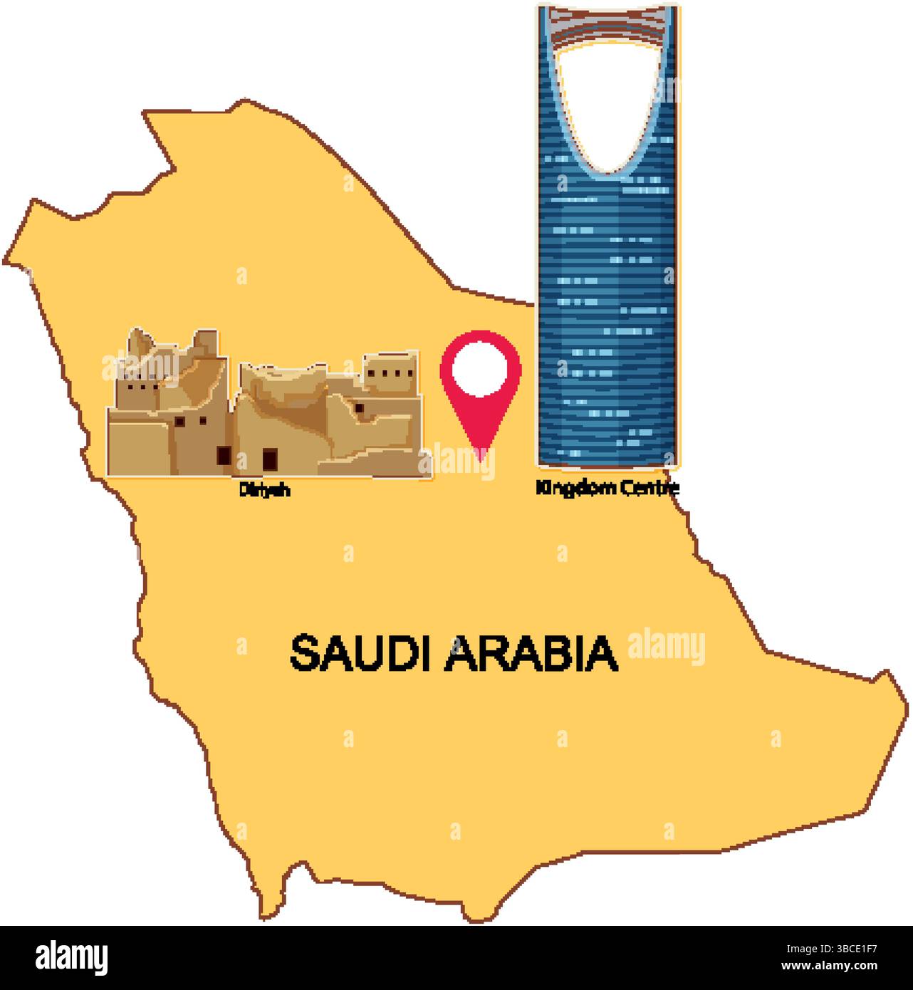 Vector map of Saudi Arabia highlighting Diriyah and Kingdom Centre ...