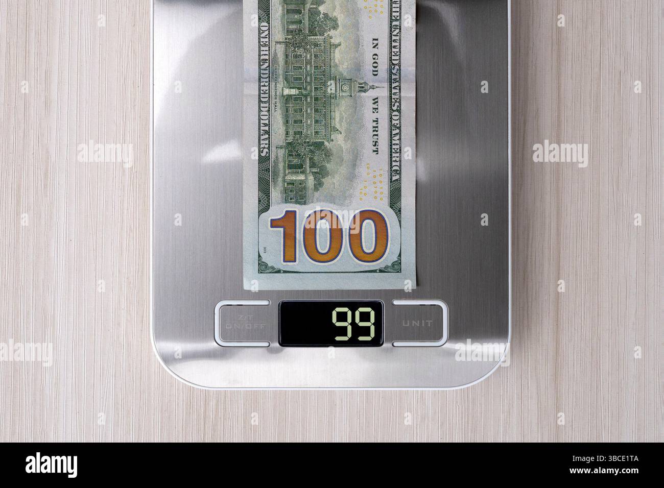 Dollar bills on the electronic scales, a symbol of cost reduction ...