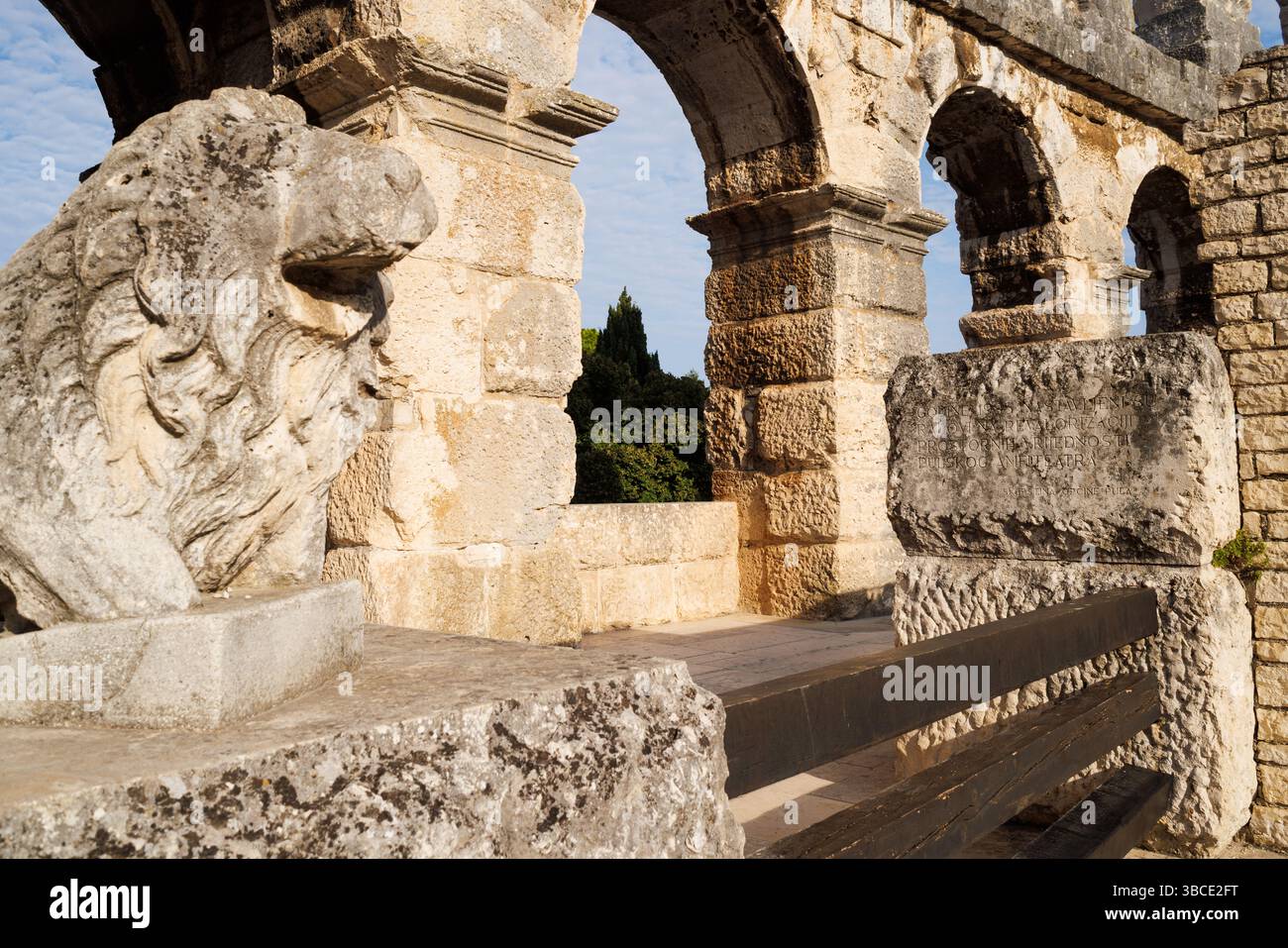 Ancient heritage in Pula, Istria, Croatia. Arches of monumental ancient ...