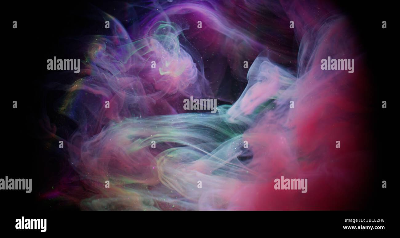 Fume explosion. Haze swirl. Colorful mist stream ink in sparkling ...