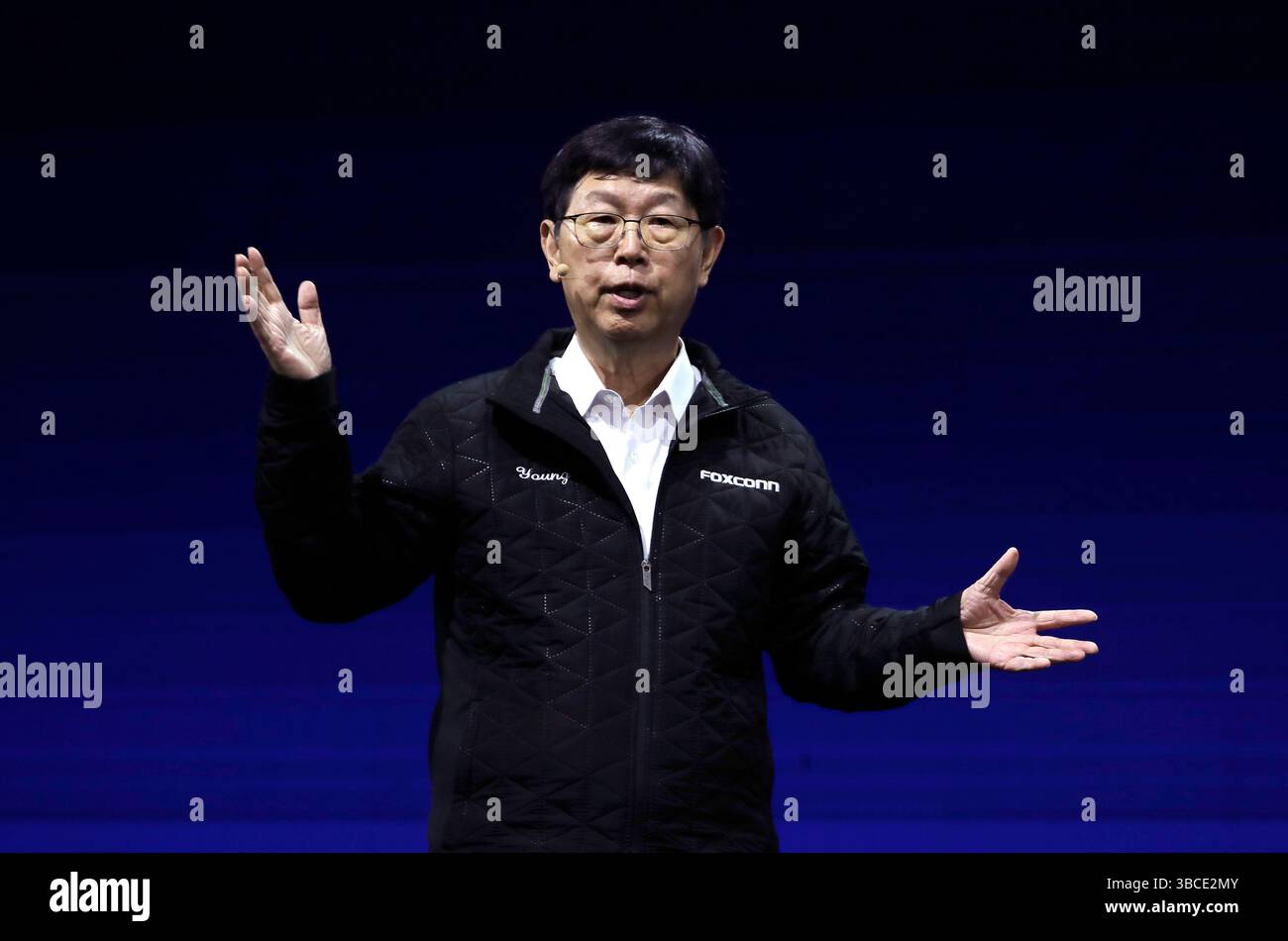 Chairman of Hon Hai Technology Group (Foxconn) Young Liu delivers a ...