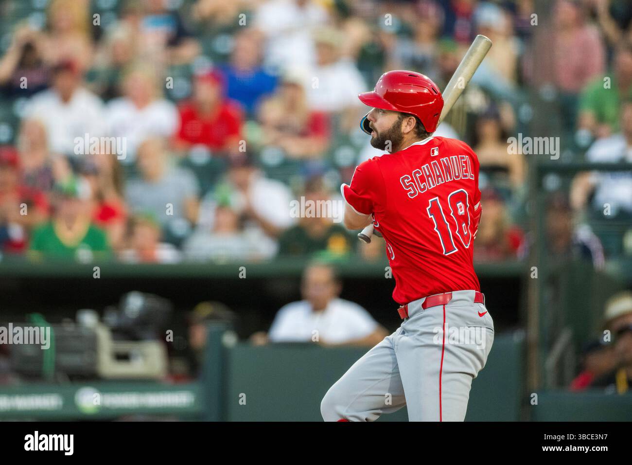 Los Angeles Angels' Nolan Schanuel hits during the third inning of a ...