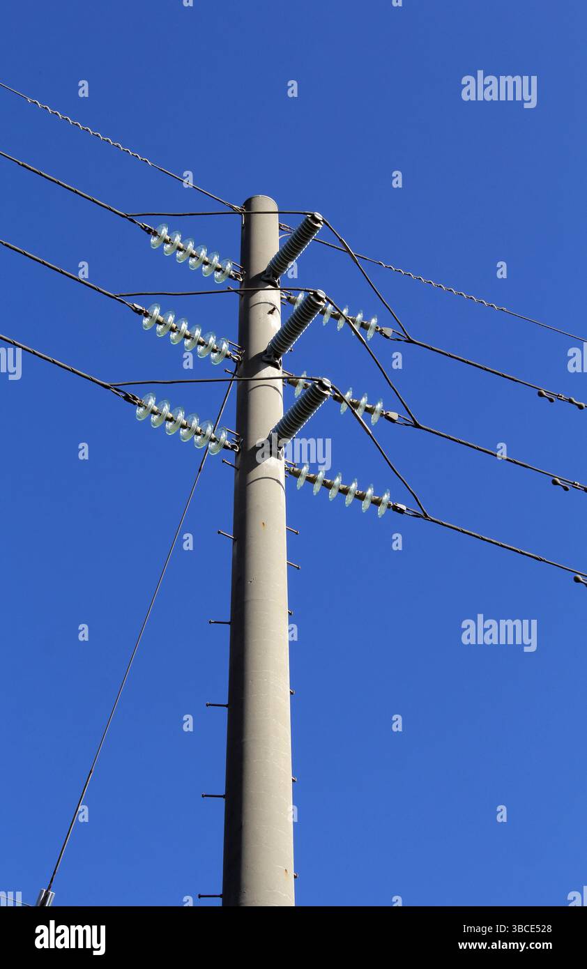 Tall utility pole with power lines wires and insulators against a clear ...