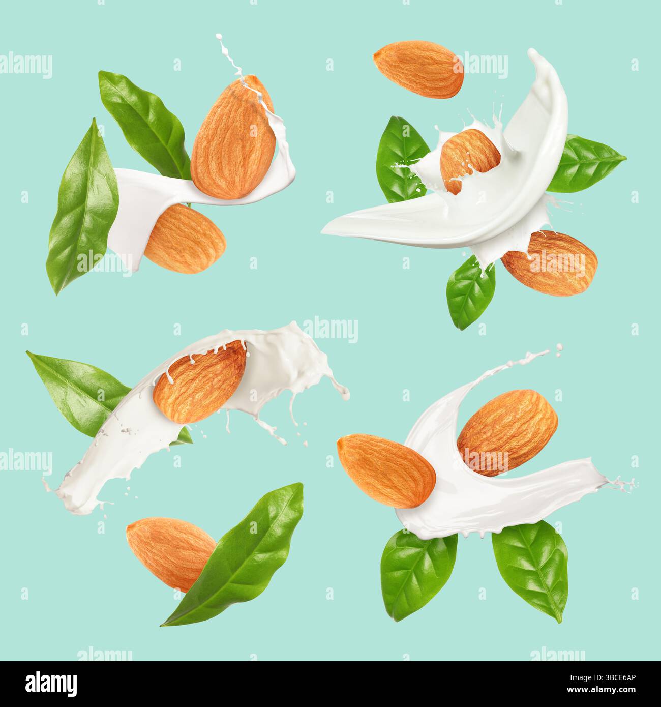 Nut milk splash, almonds and green leaves in air on turquoise ...