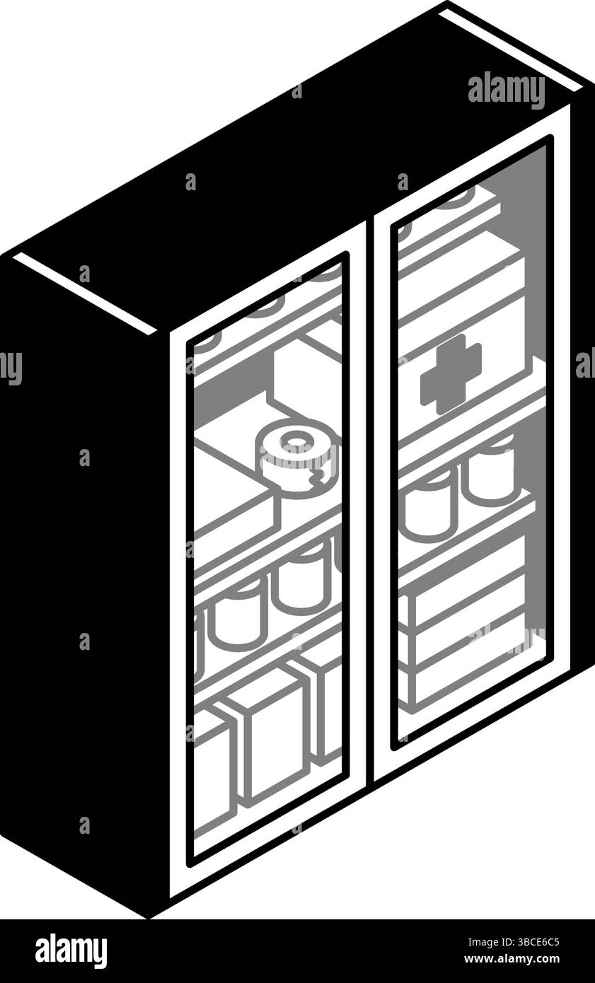 Simple and cute isometric line art illustration of a shelf with a first ...