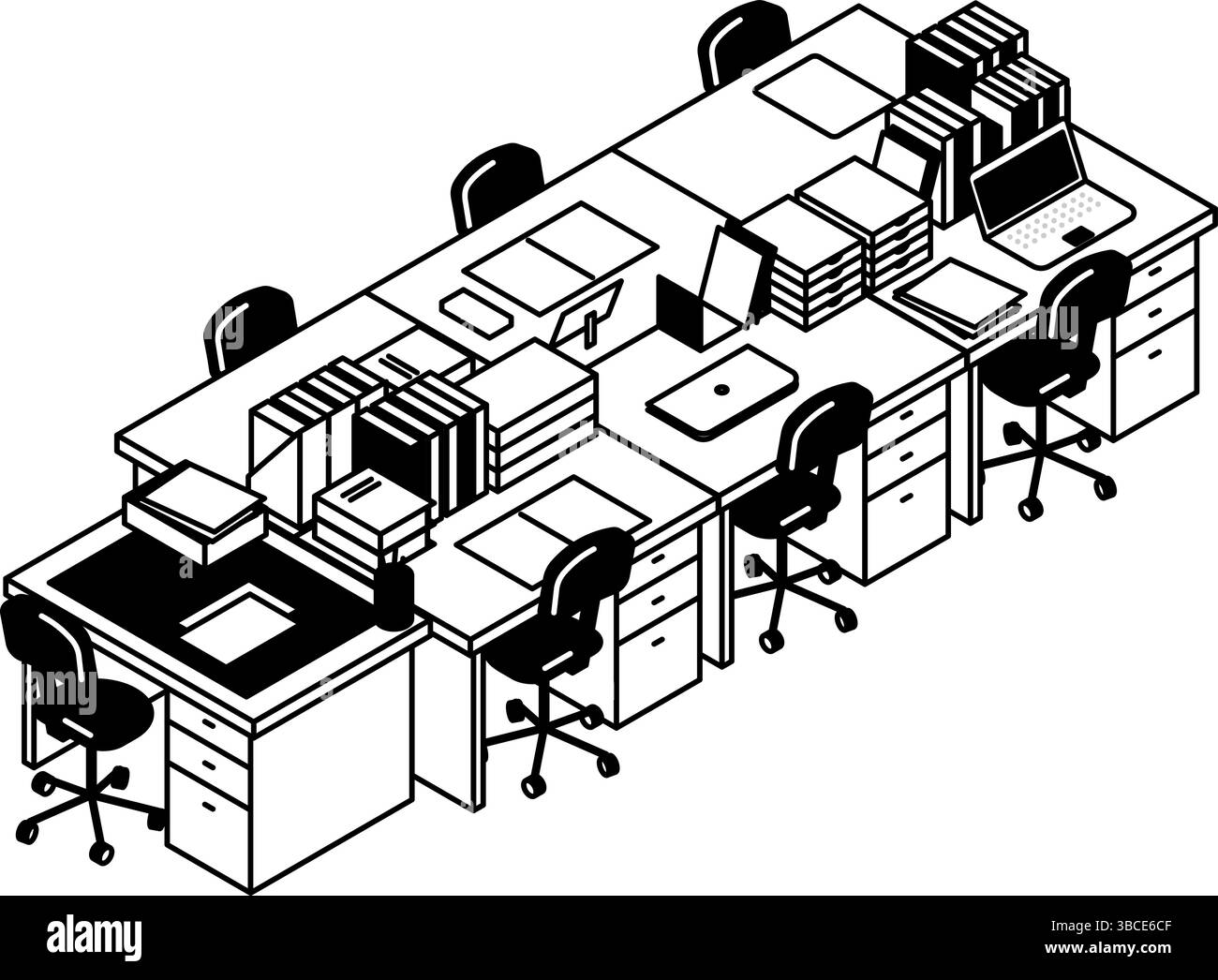 Simple and cute isometric line art illustration of an office with a row ...
