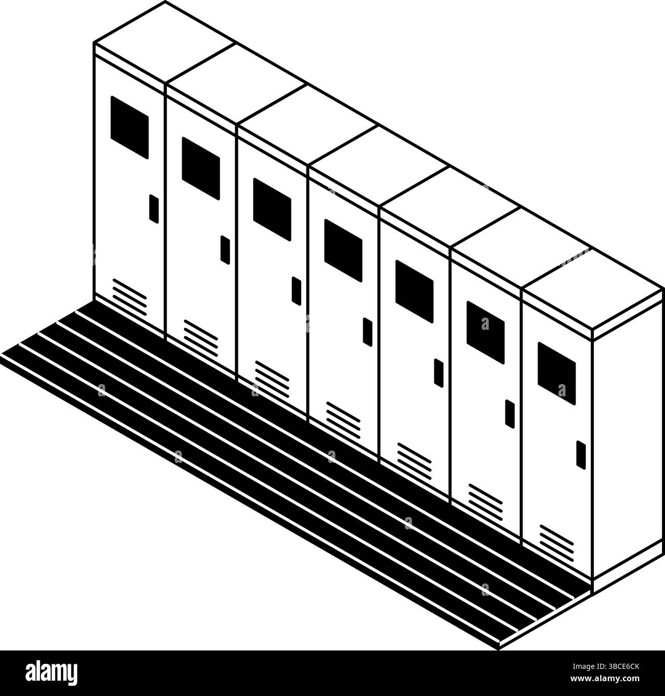 Simple and cute isometric line art illustration of a locker room with a ...