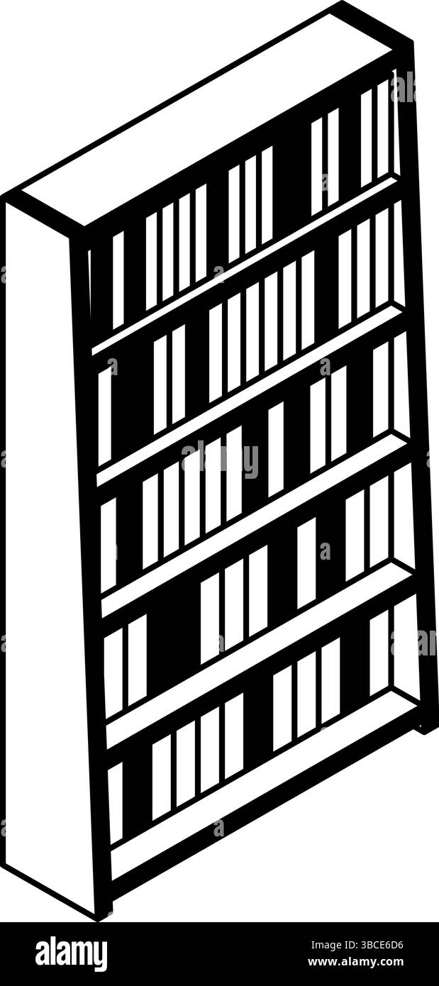 Simple and cute isometric line art illustration of a tall bookshelf in ...