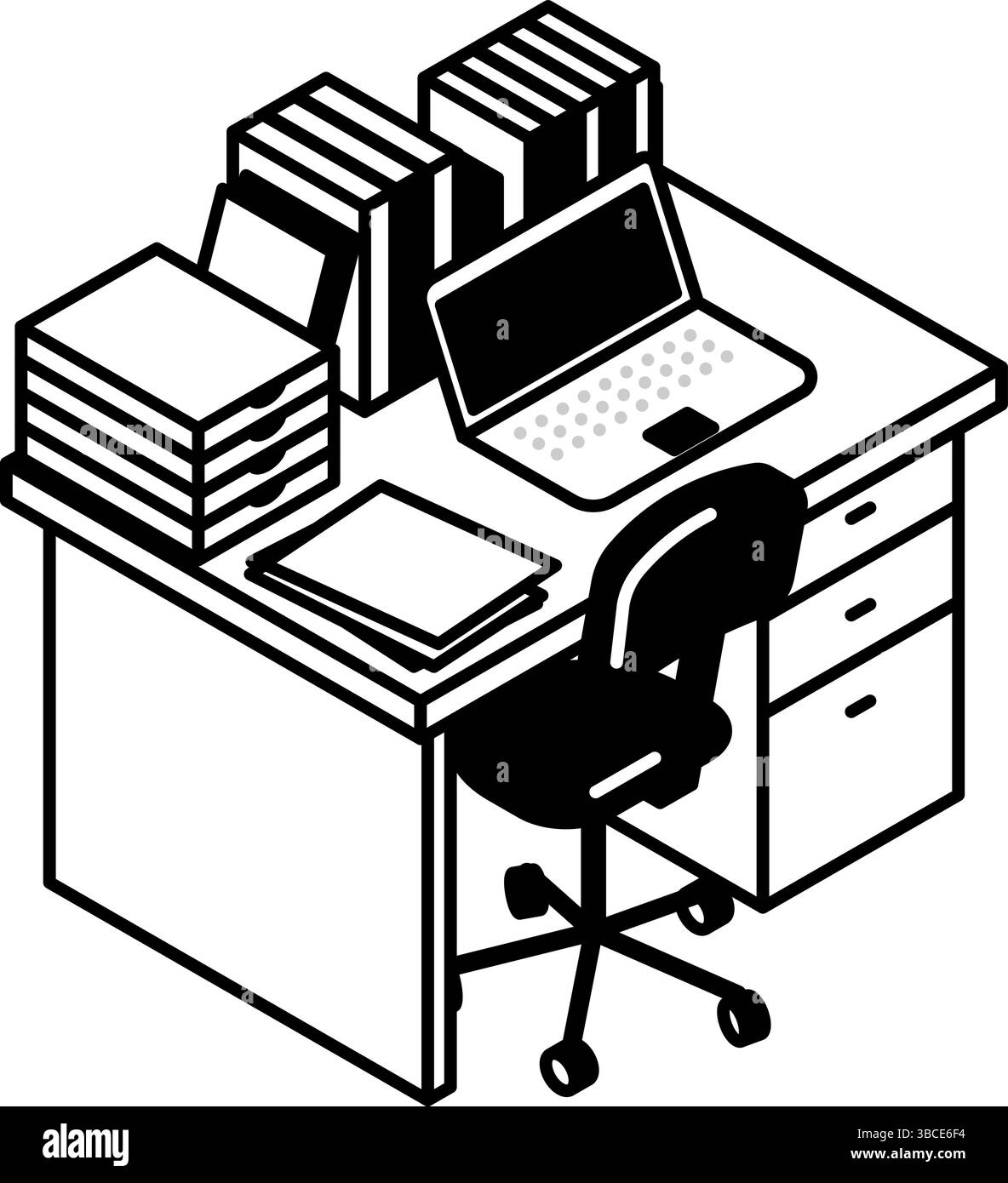 Simple and cute isometric line art illustration of a desk full of ...